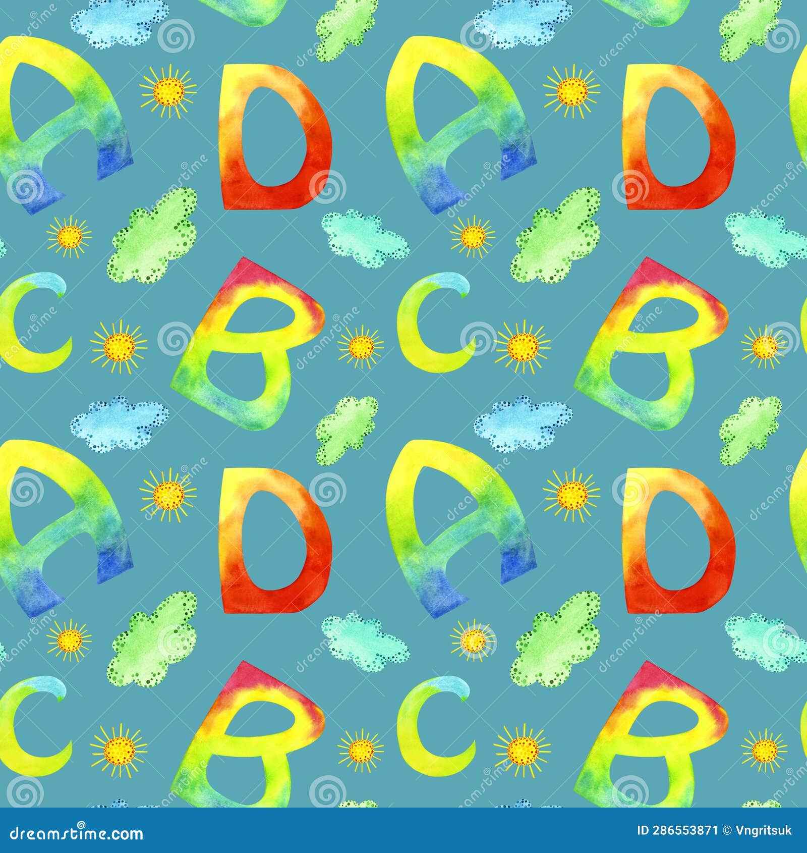 Pattern with Letters and Clouds. Watercolor Illustration, Drawing for ...