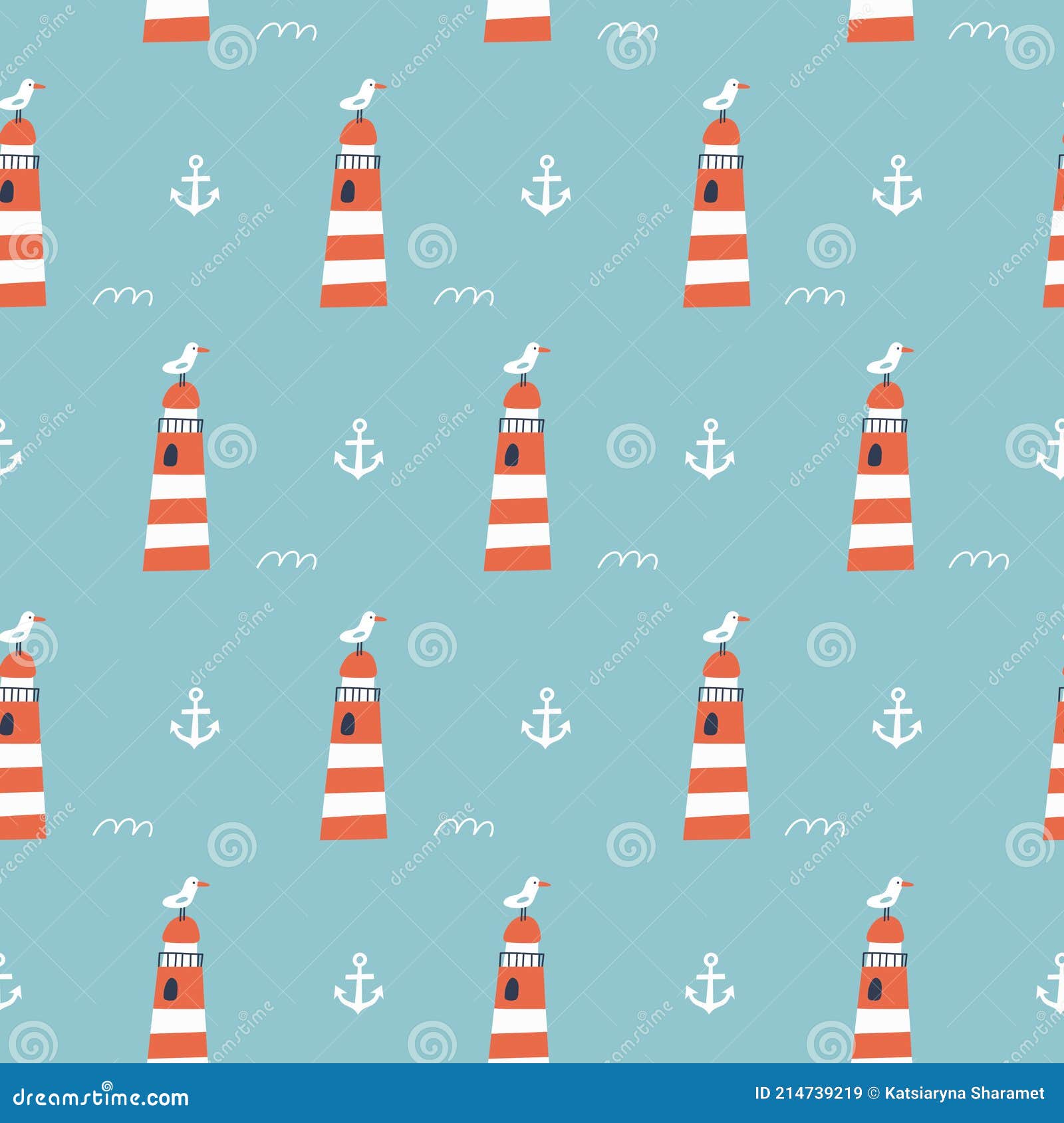 Seamless Pattern with Lighthouse on a Blue Background. Vector Stock ...