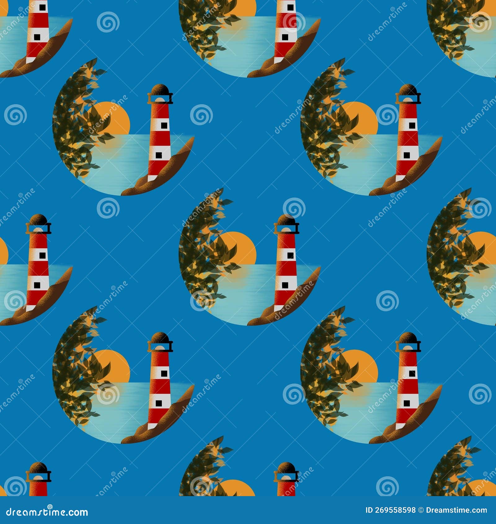 Seamless Pattern of Lighthouses, Leaves and Rocks at Sunset, in Circles ...