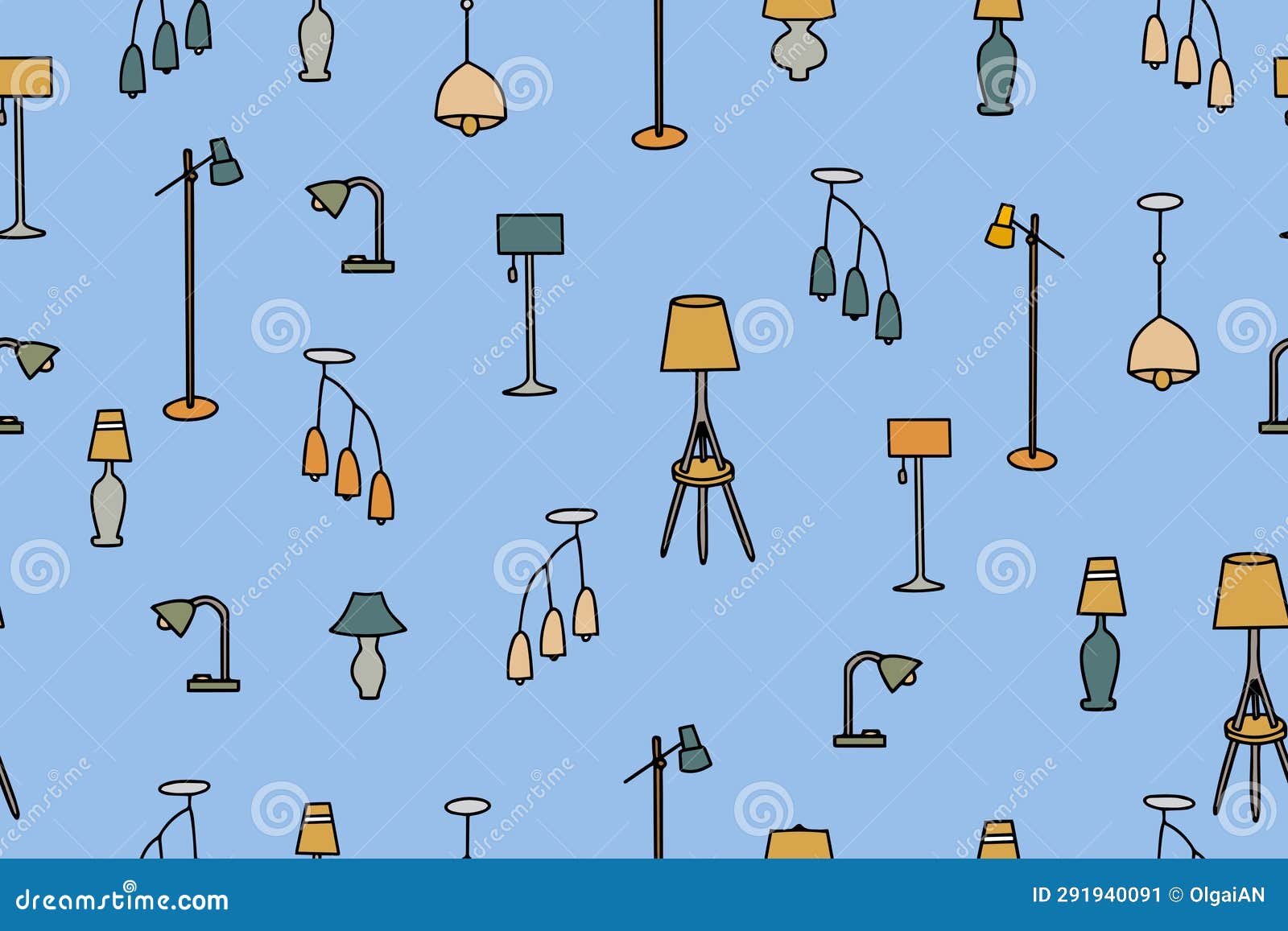 Seamless Pattern of Lighting Fixtures for Home Decor. Decorative Table ...
