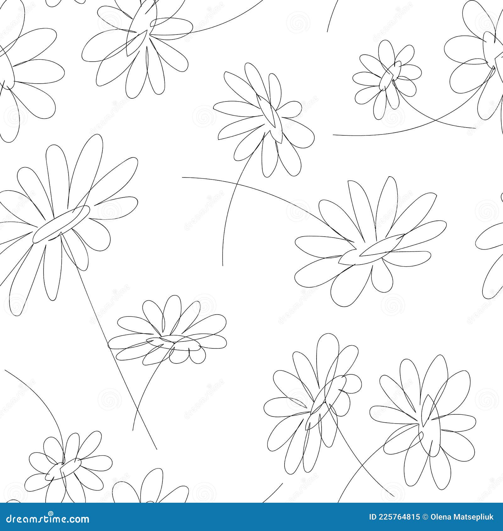 Seamless Pattern In Line Art Style With Linear Daisies Texture With