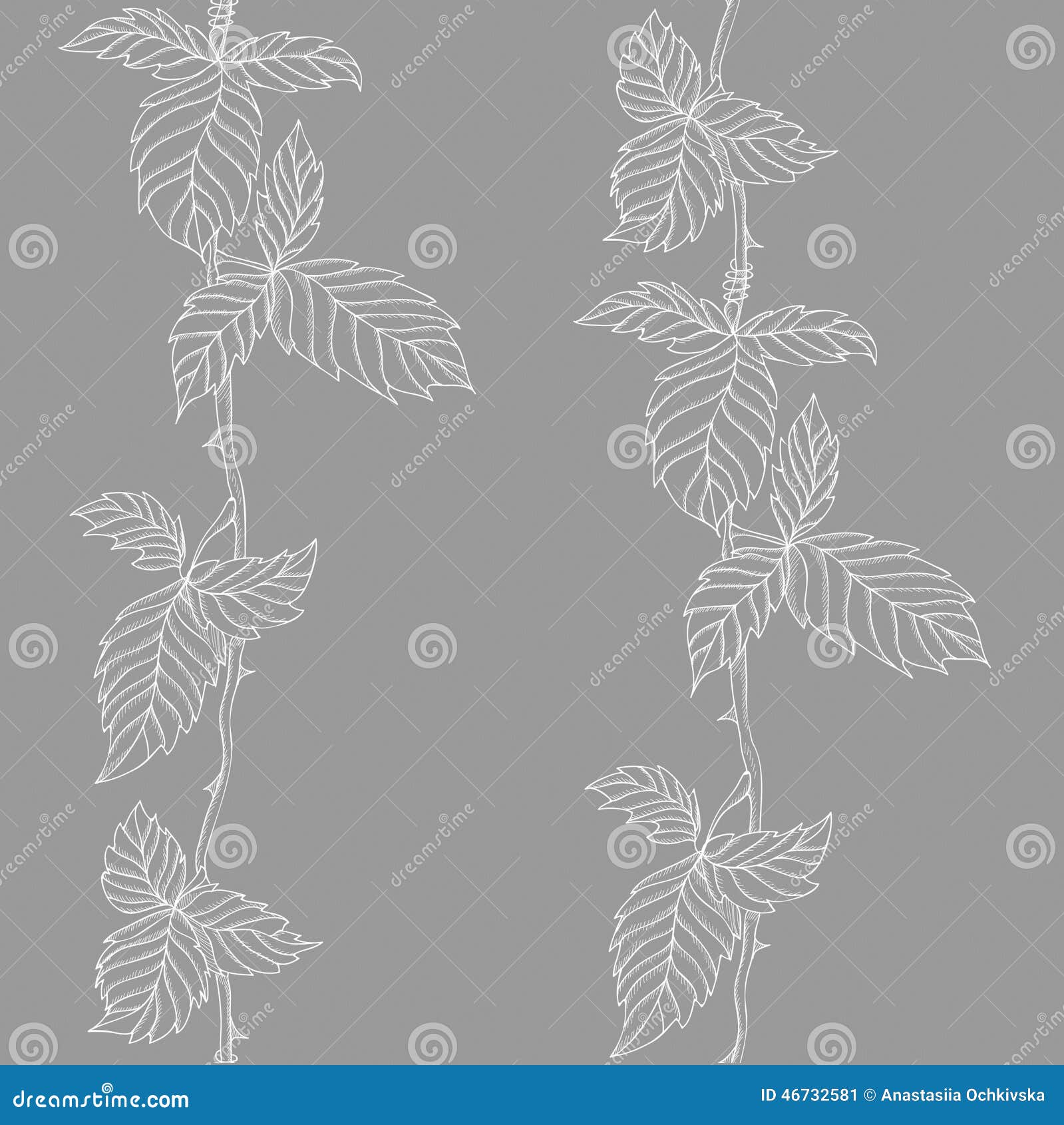 Seamless Pattern. Line Art Vertical Leaves On Gray Background Royalty ...