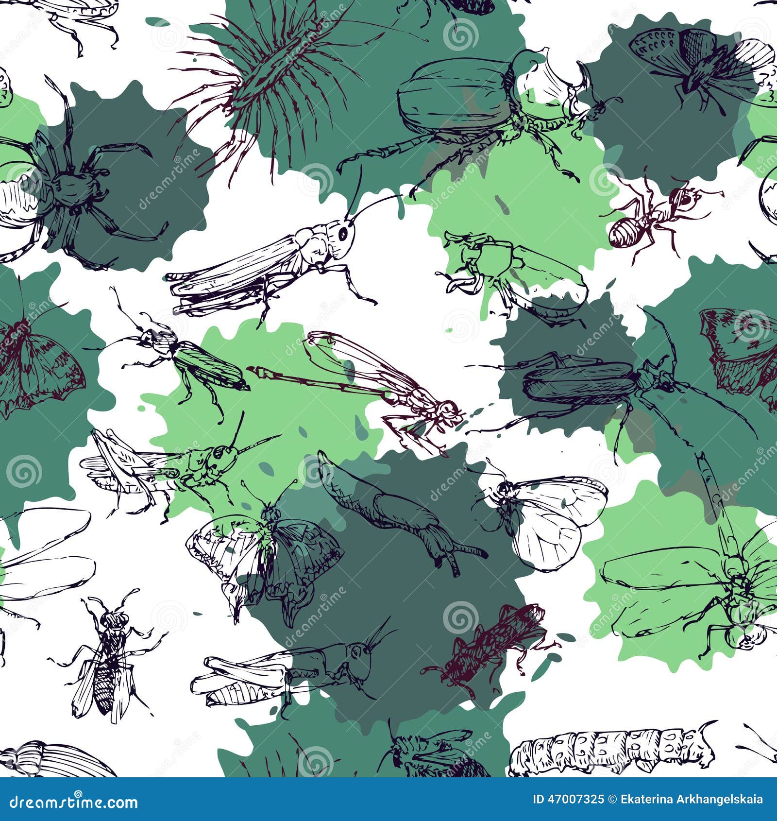 Seamless Pattern with Line Drawing Insects Stock Vector - Illustration ...