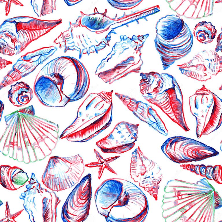 Seamless Pattern with Line Drawing Shells Stock Vector - Illustration ...