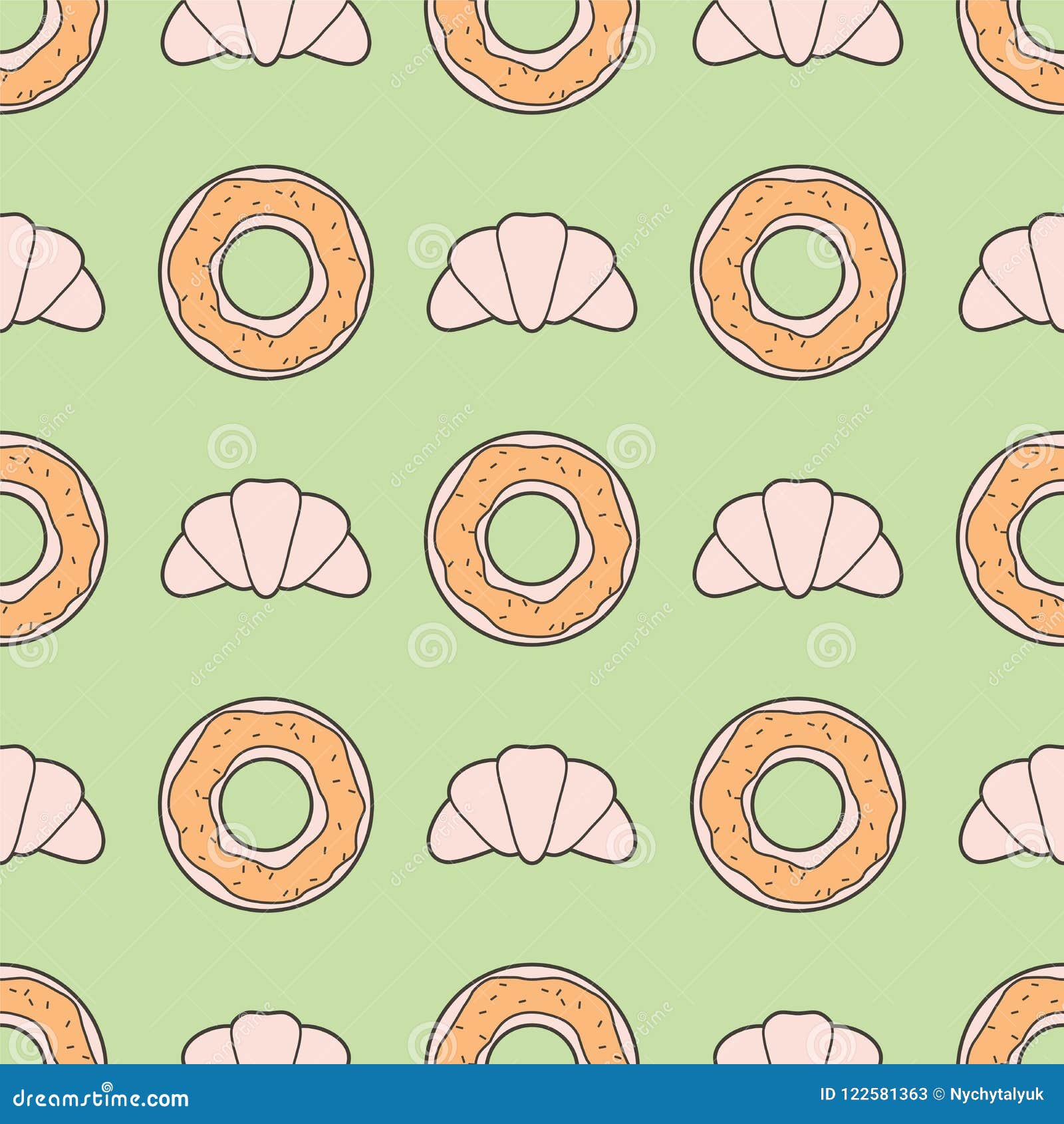 Seamless Pattern with Line Style Croissants and Donuts on Muted Retro ...