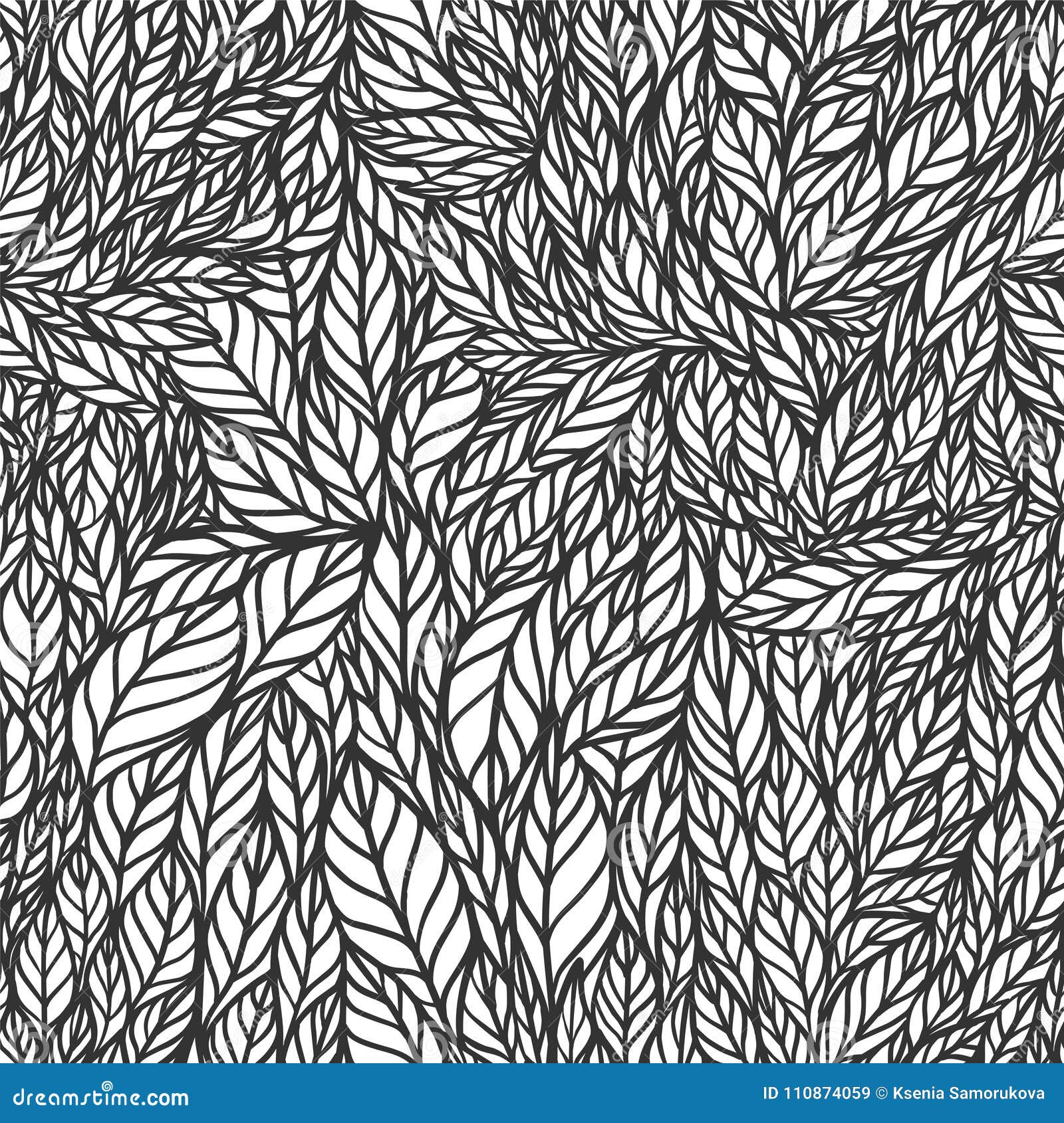 Seamless Pattern - Linear Doodle Leaves Stock Vector - Illustration of ...