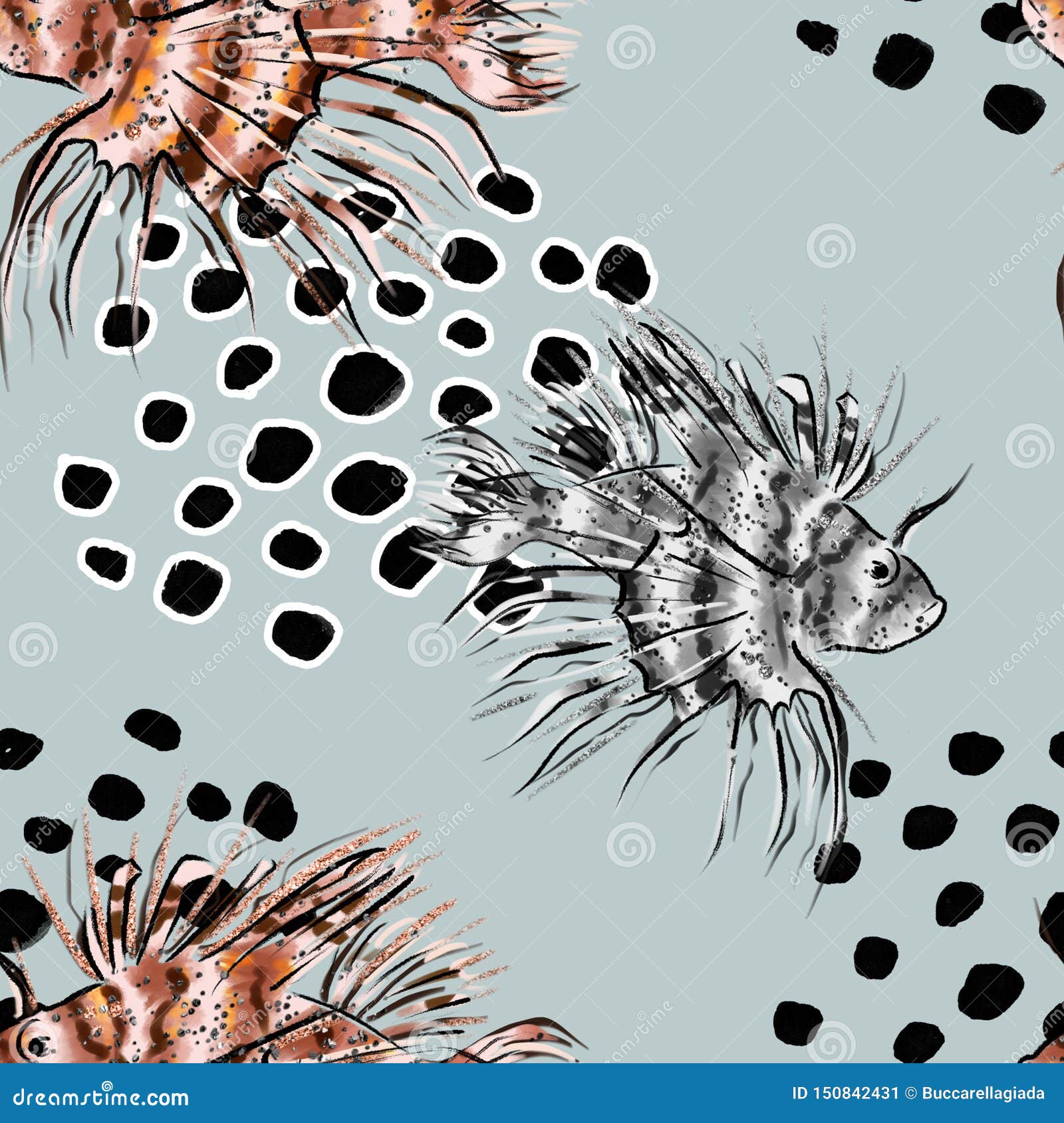 SEAMLESS PATTERN with LION FISH on NEUTRAL GRAY BACKGROUND Stock ...