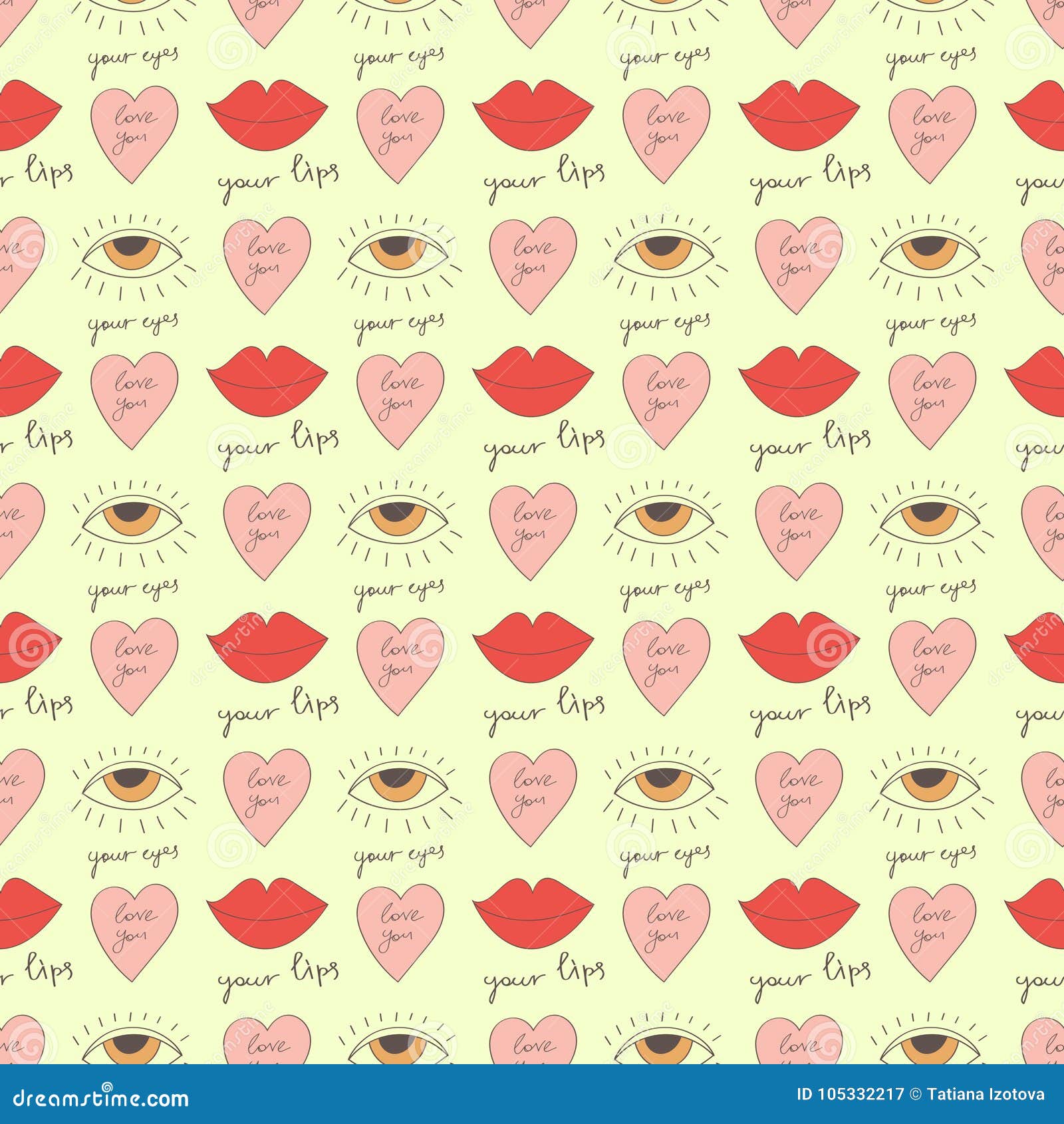 Seamless Pattern with Lips, Hearts, Eyes and Romantic Inscriptions ...