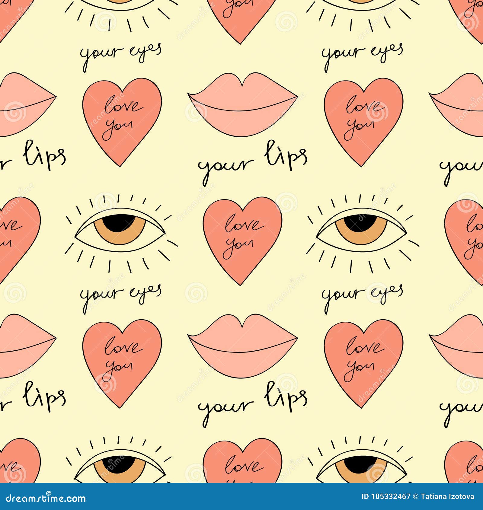 Seamless Pattern with Lips, Hearts, Eyes and Romantic Inscriptions ...