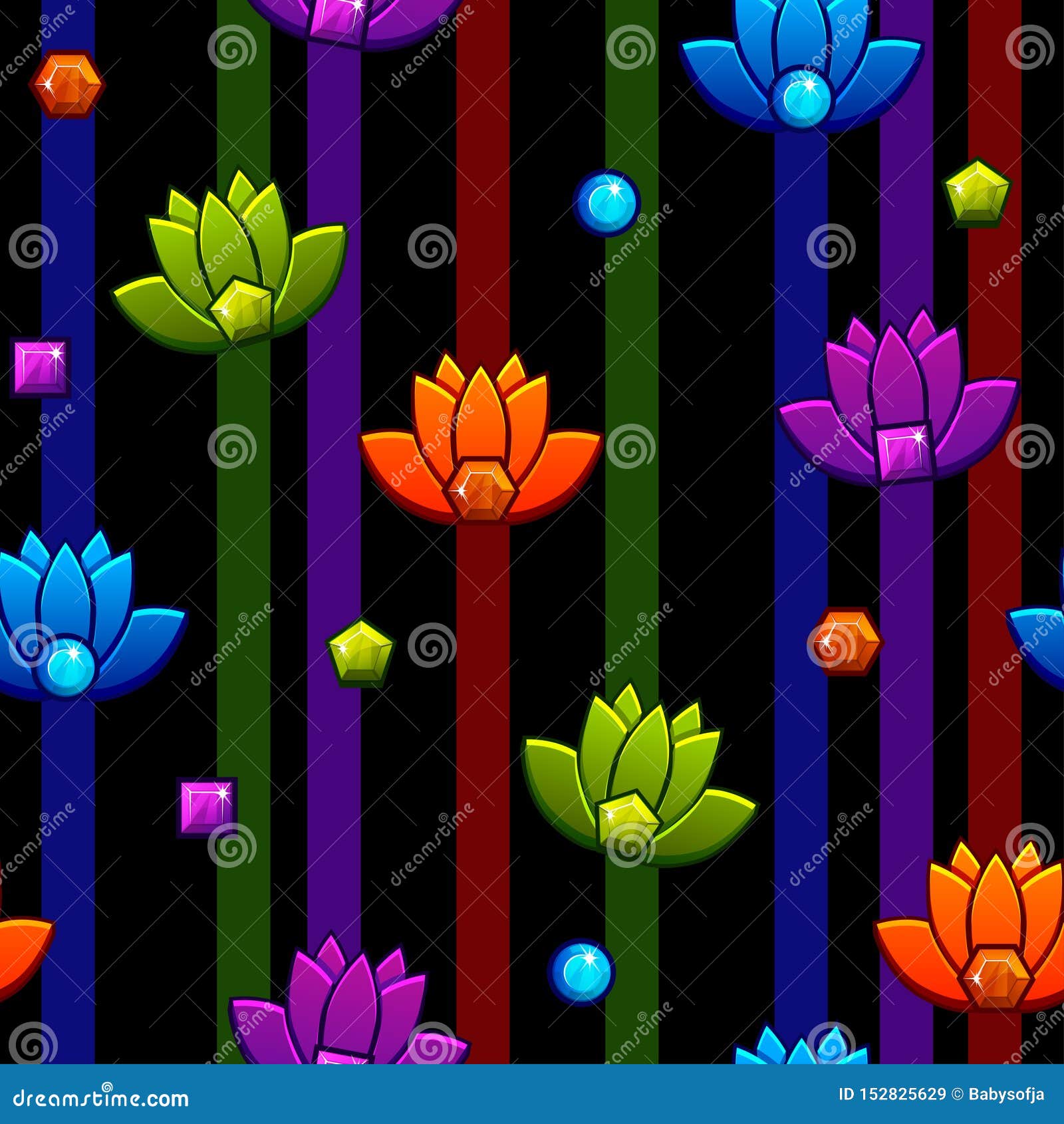 Seamless Pattern Lotus. Vector Icons and Text LOTUS on Black Background ...