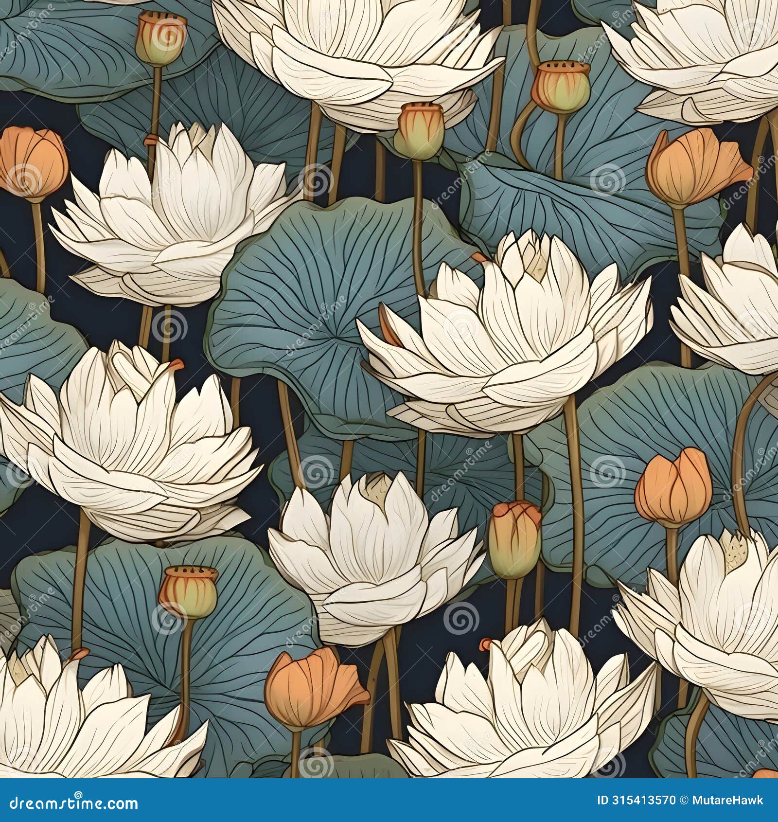Seamless Pattern with Lotus Flowers. Hand Drawn Vector Illustration ...