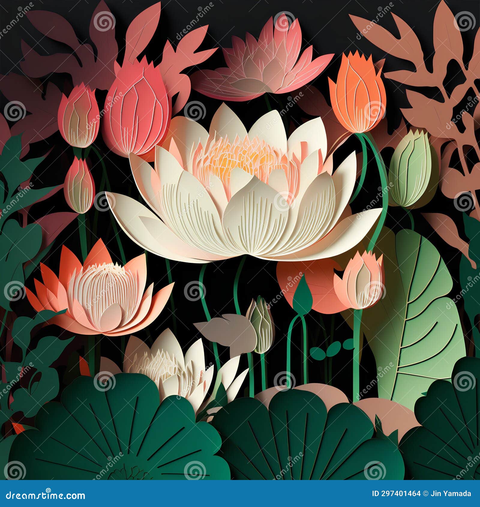 Seamless Pattern with Lotus Flowers and Leaves. Vector Illustration ...