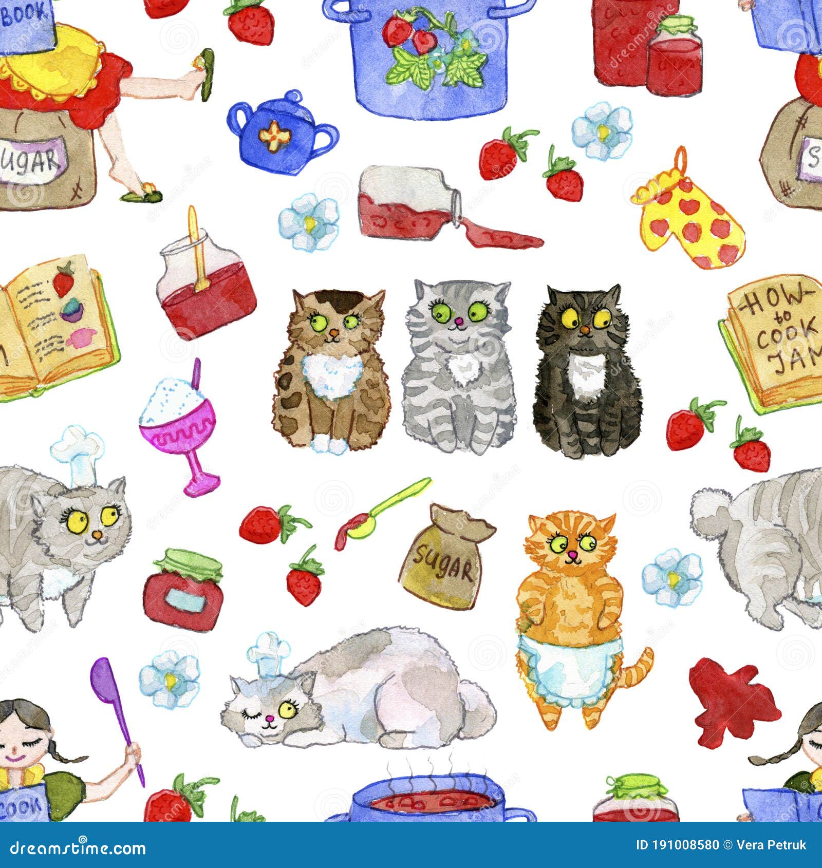 Seamless Pattern with Lovely Cats, Jars of Jam, Cooking Kitchenware ...