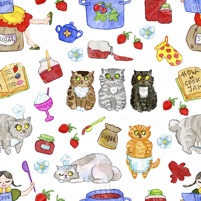 Seamless Pattern with Lovely Cats, Jars of Jam, Cooking Kitchenware ...