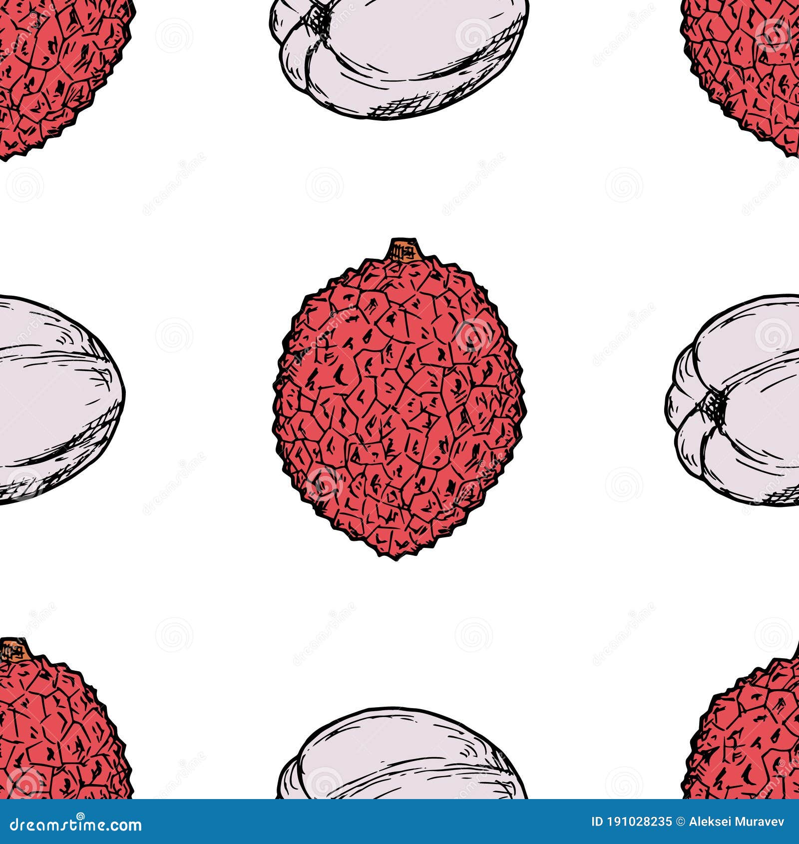 Seamless Pattern Of Lychees. Vector Cartoon Background. Hand-drawn ...