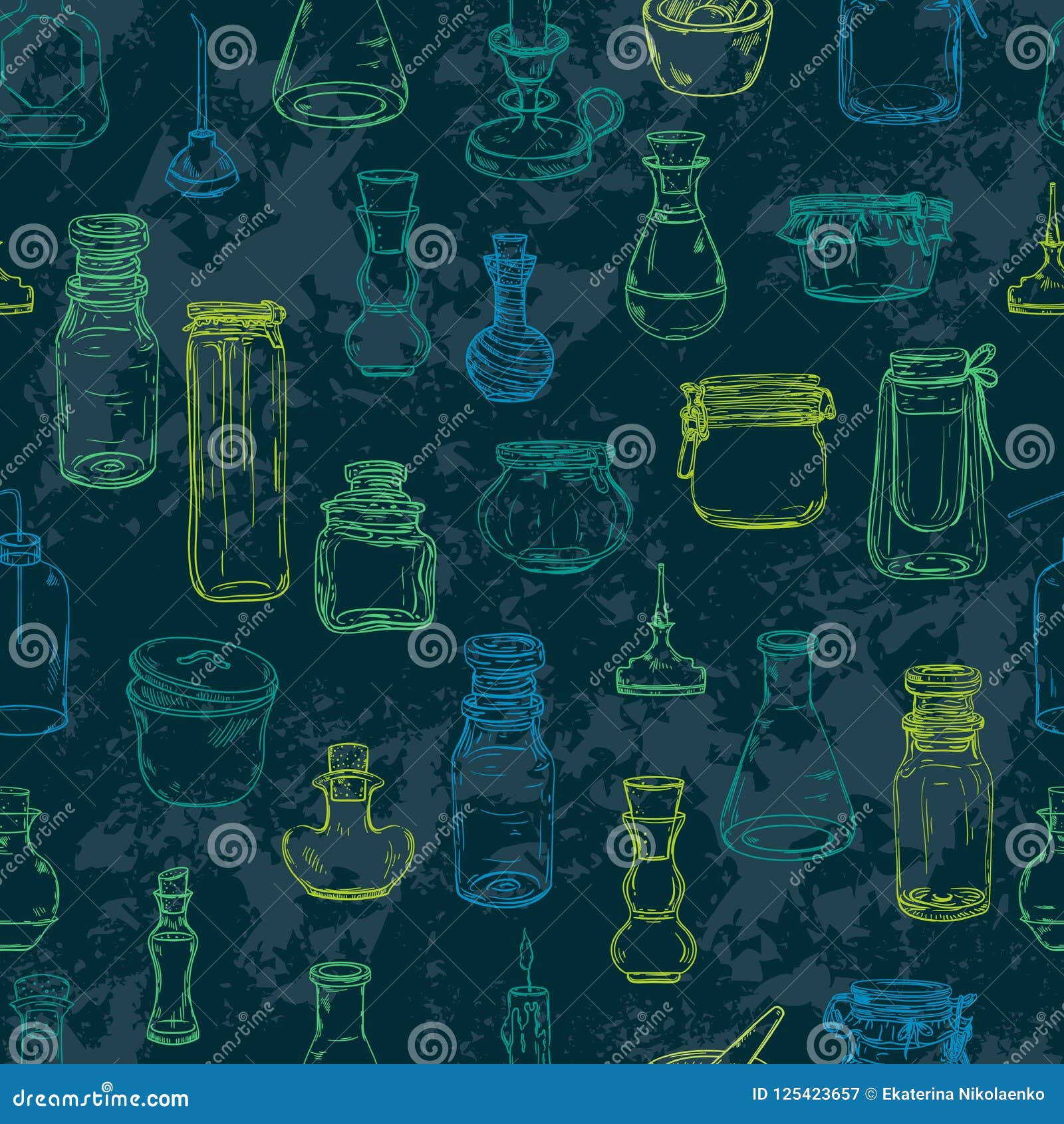 Seamless Pattern with Magic Bottles. Empty Alchemy Jars for Potions ...