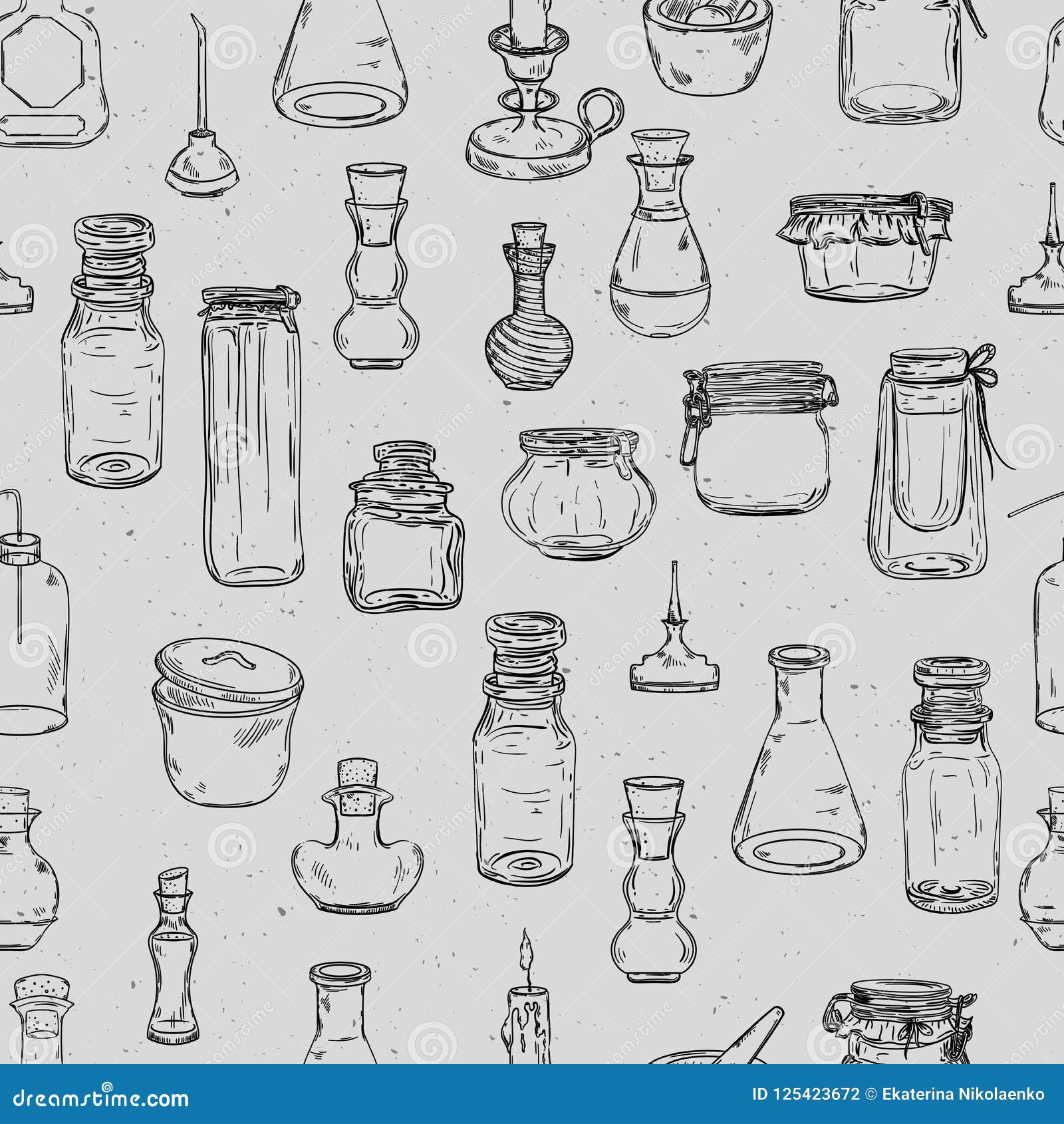 Seamless Pattern with Magic Bottles. Empty Alchemy Jars for Potions ...