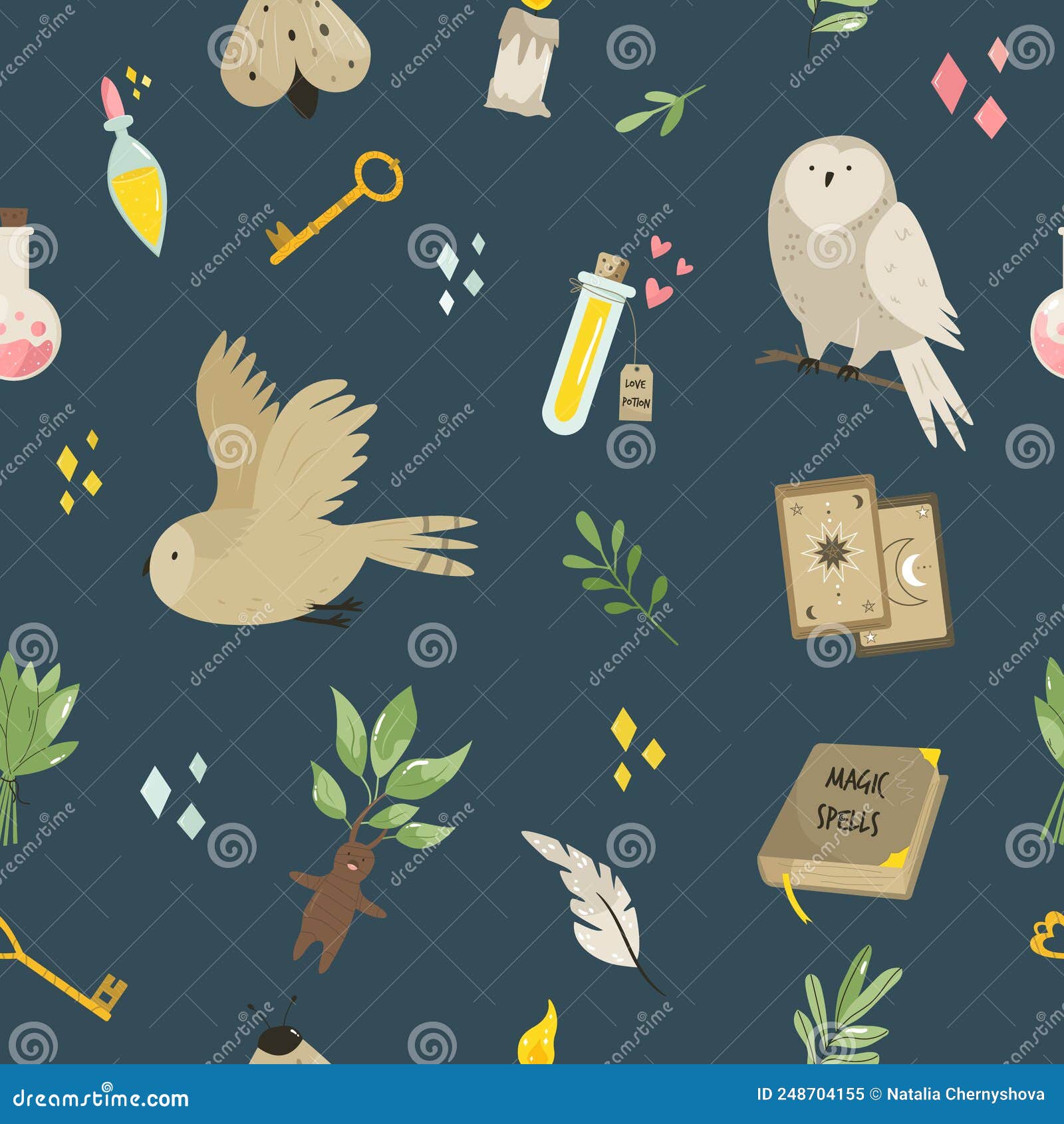 Seamless Pattern with Magic Items, Symbols and Tools. Stock Vector ...