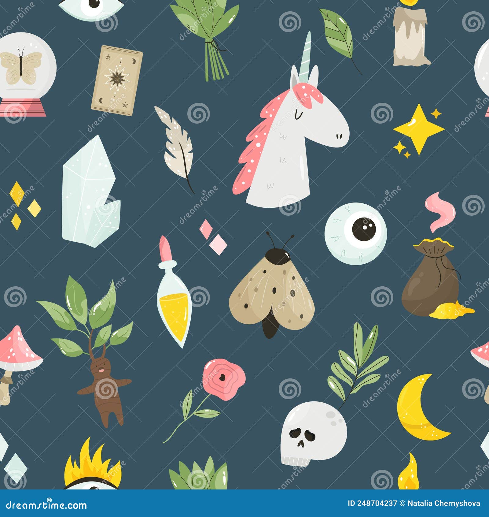 Seamless Pattern with Magic Items, Symbols and Tools. Stock Vector ...