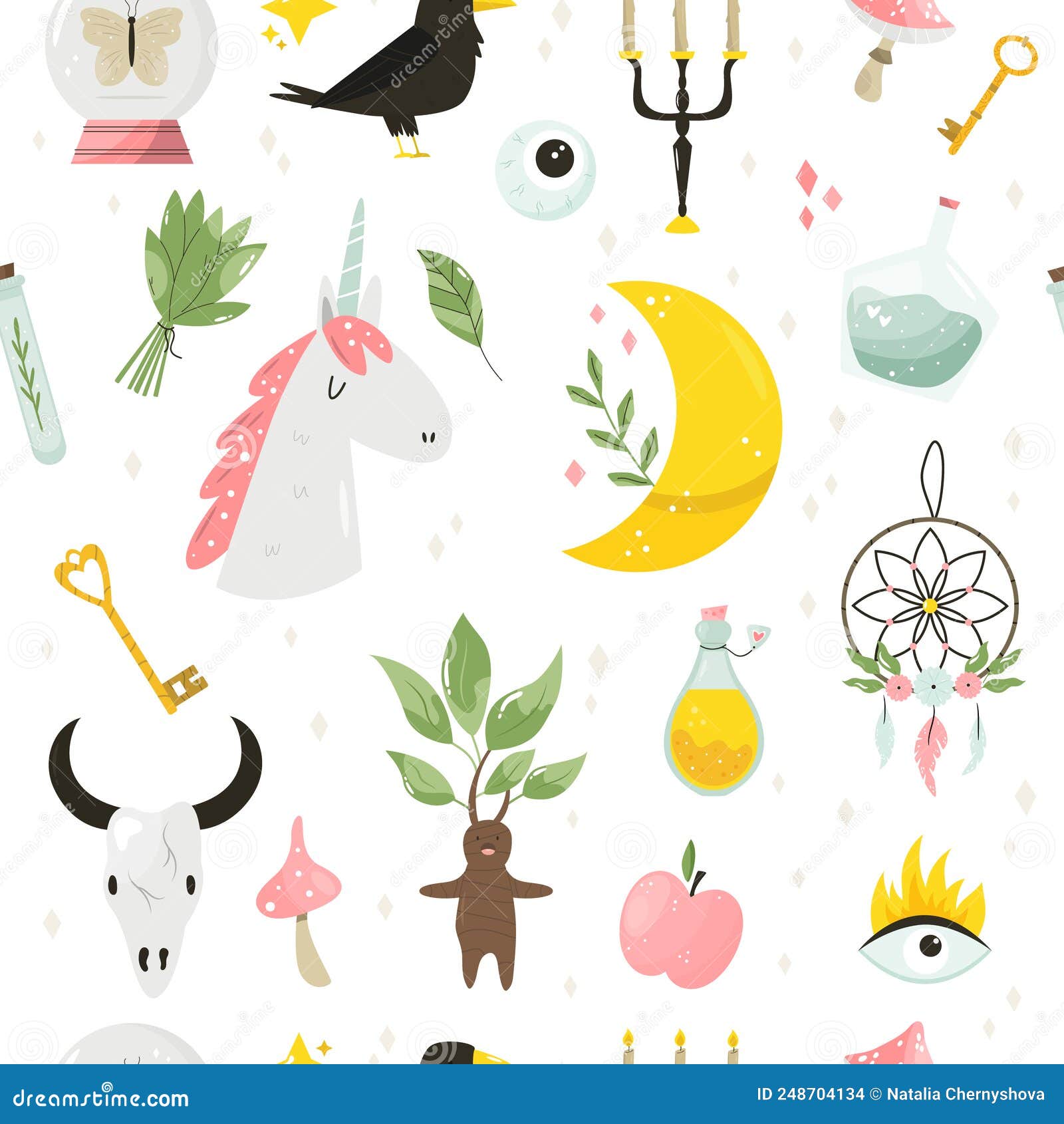 Seamless Pattern with Magic Items, Symbols and Tools. Stock Vector ...