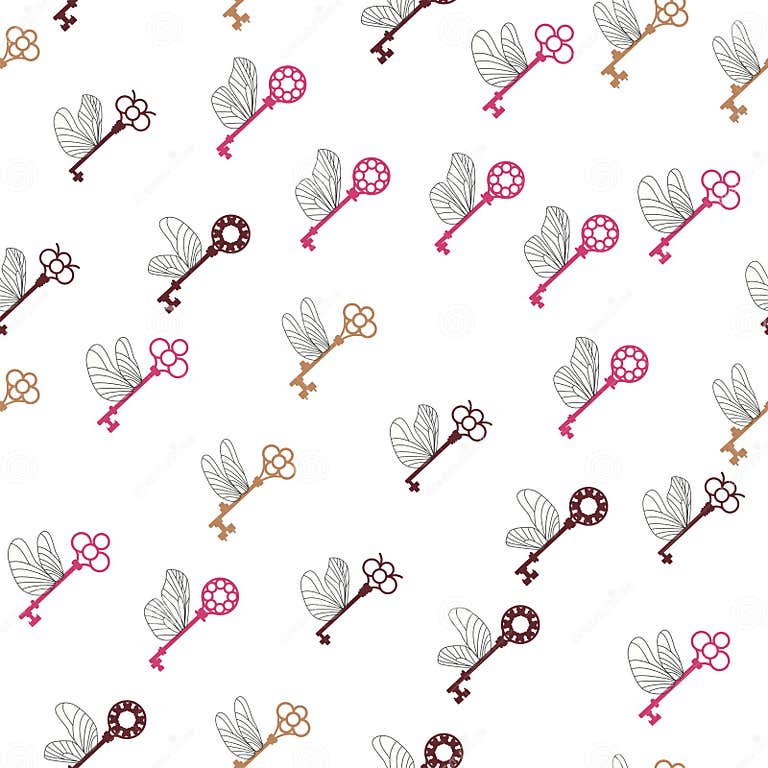 Seamless Pattern with Magic Keys with Wings. Vector. Stock Illustration ...