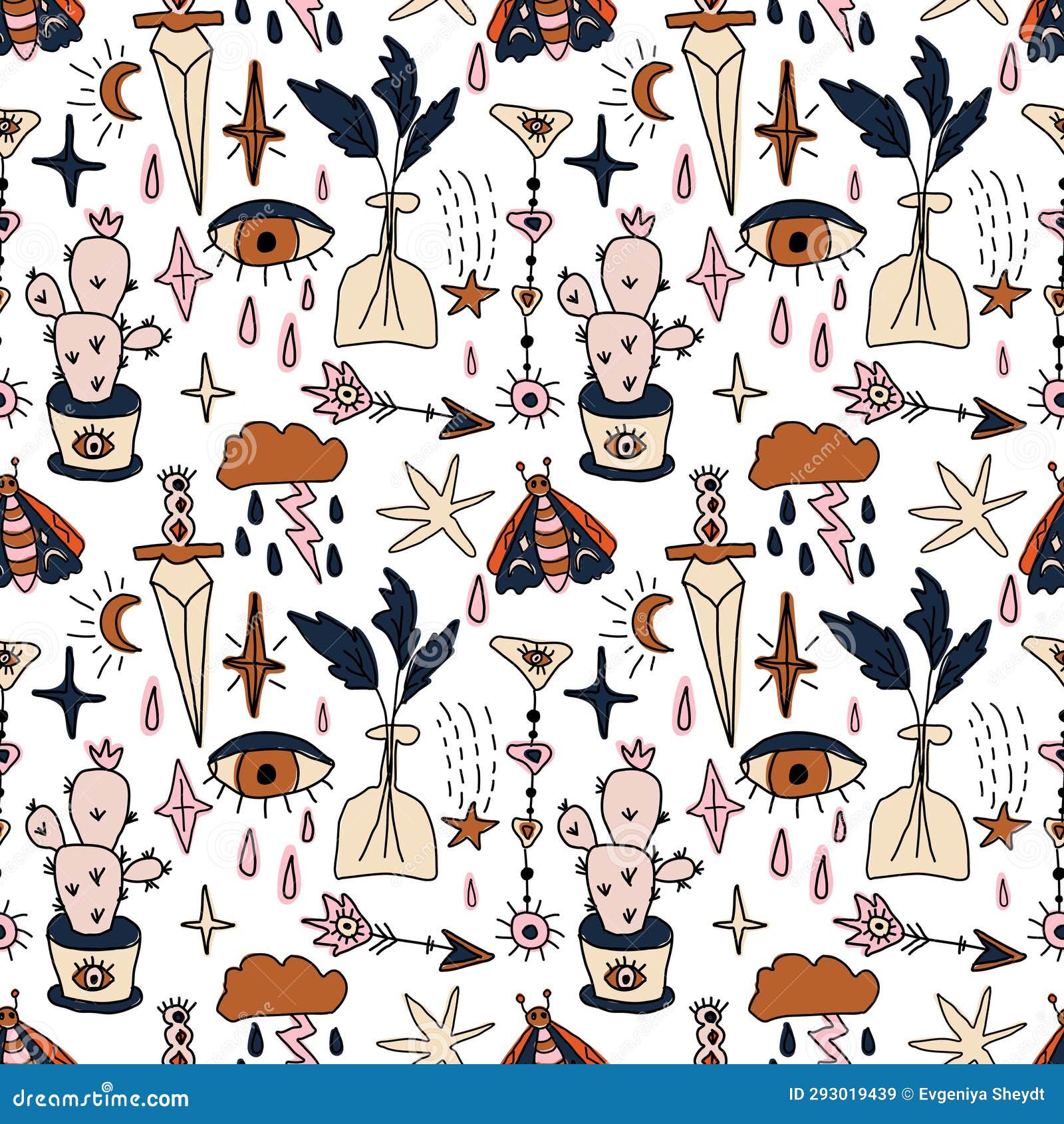 Seamless Pattern with Magical Doodle Elements. Woman Hands, Eyes and ...