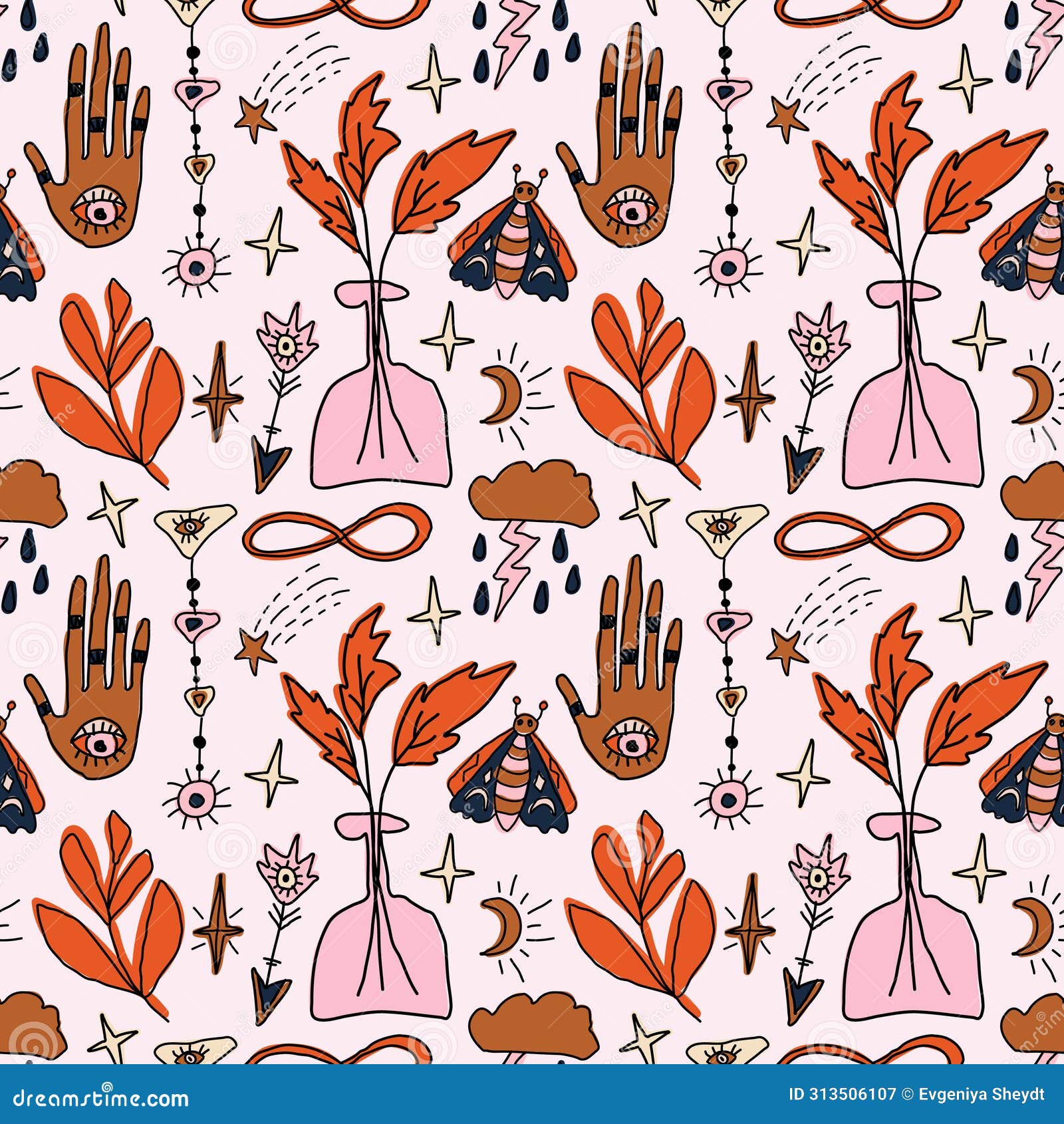 Seamless Pattern with Magical Doodle Elements. Woman Hands, Eyes and ...