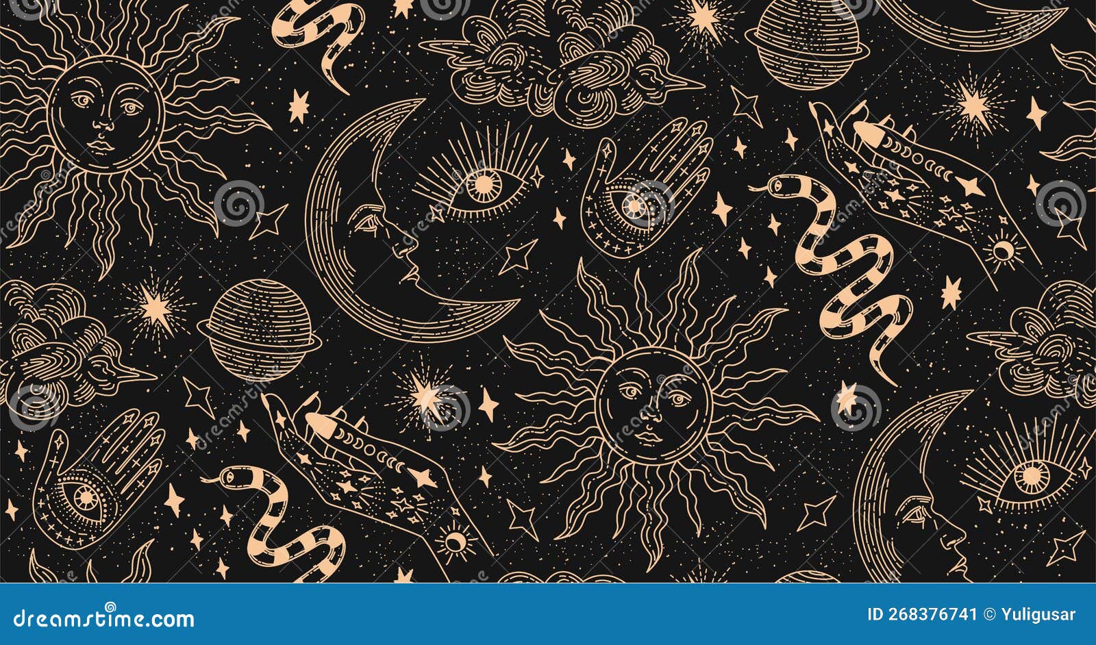 Seamless Pattern with Magical Elements. Set of Linear Vector ...