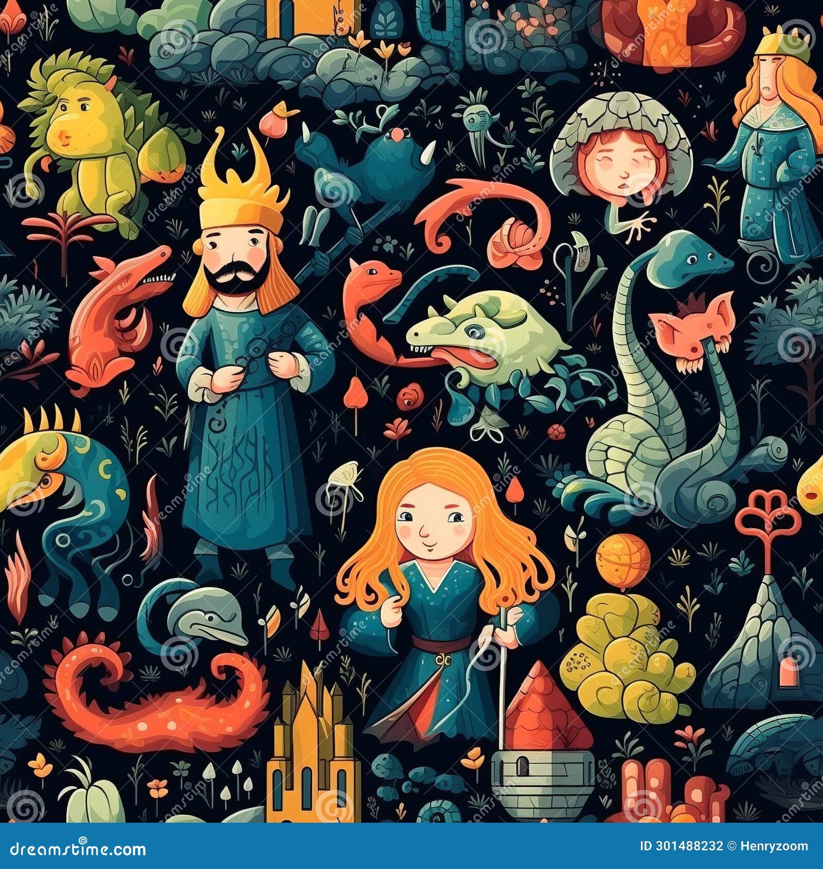 Seamless Pattern with Magical Fairy-tale Characters Stock Photo - Image ...