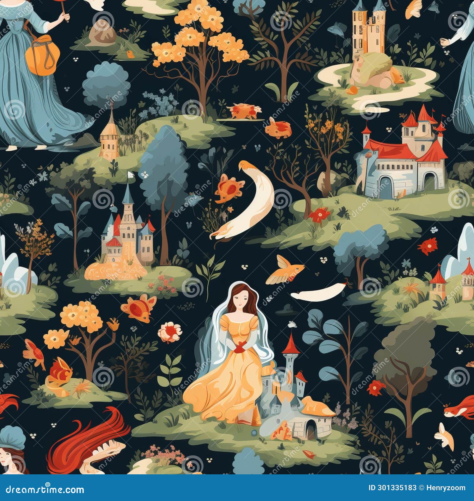 Seamless Pattern with Magical Fairy-tale Characters Stock Illustration ...