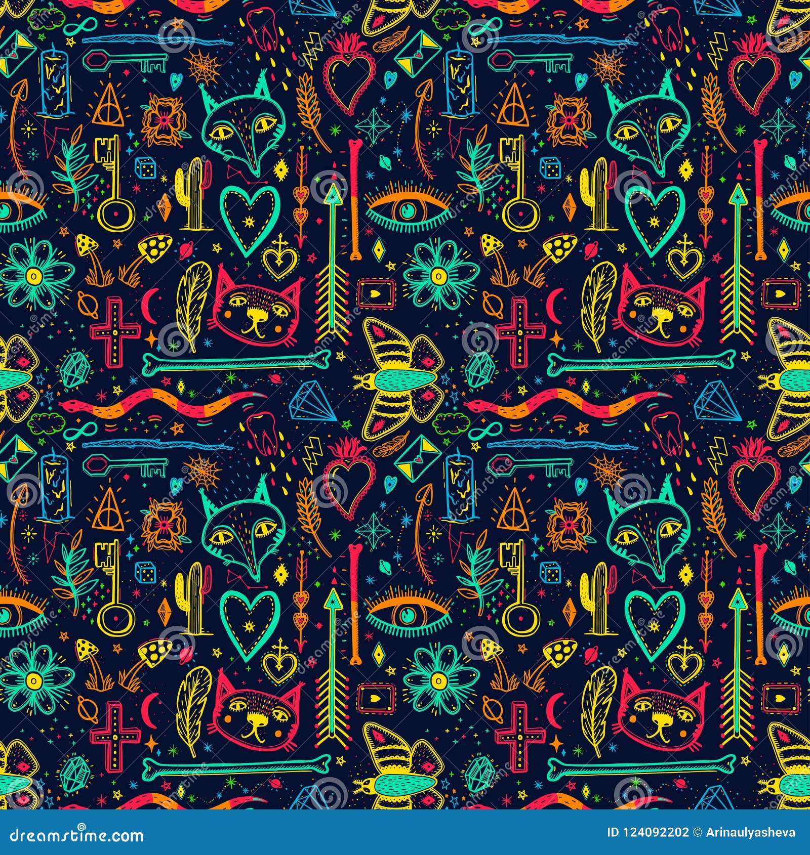 Seamless Pattern with Magical Pattern. Mystical Icon Hand Drawn Print ...