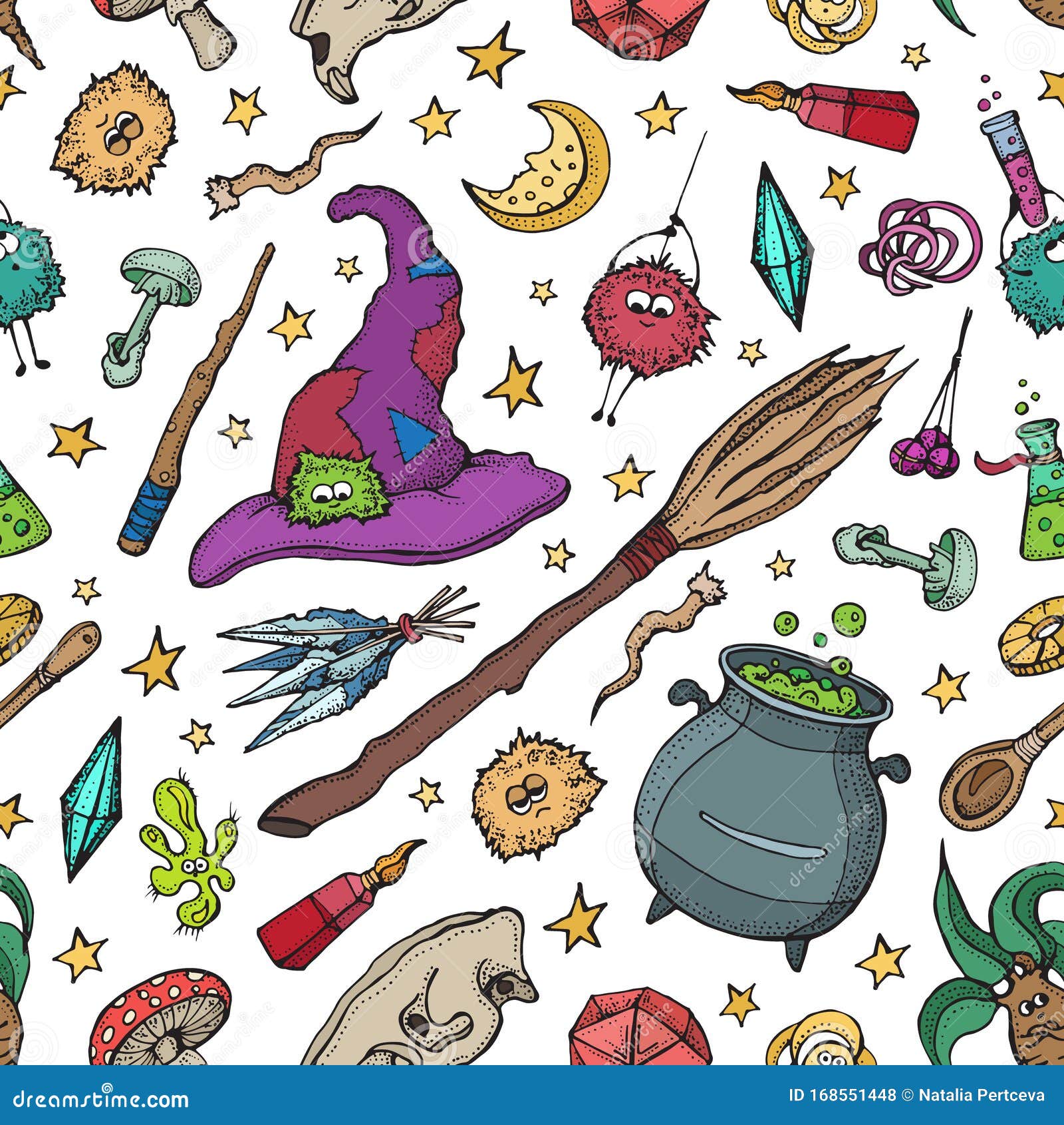 Seamless Pattern of Magician and Alchemy Tools: Skull, Crystal, Roots ...