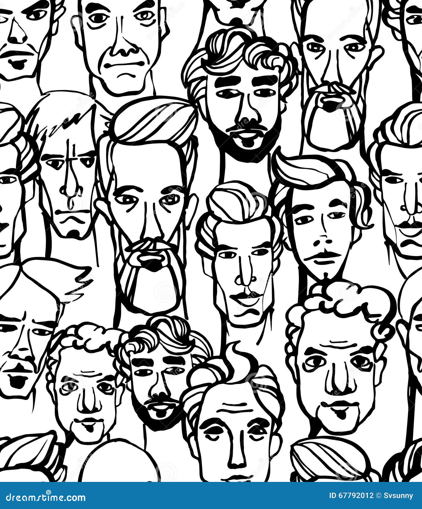 Seamless Pattern of Male Doodle Hand Drawn Portraits. Black and Stock ...