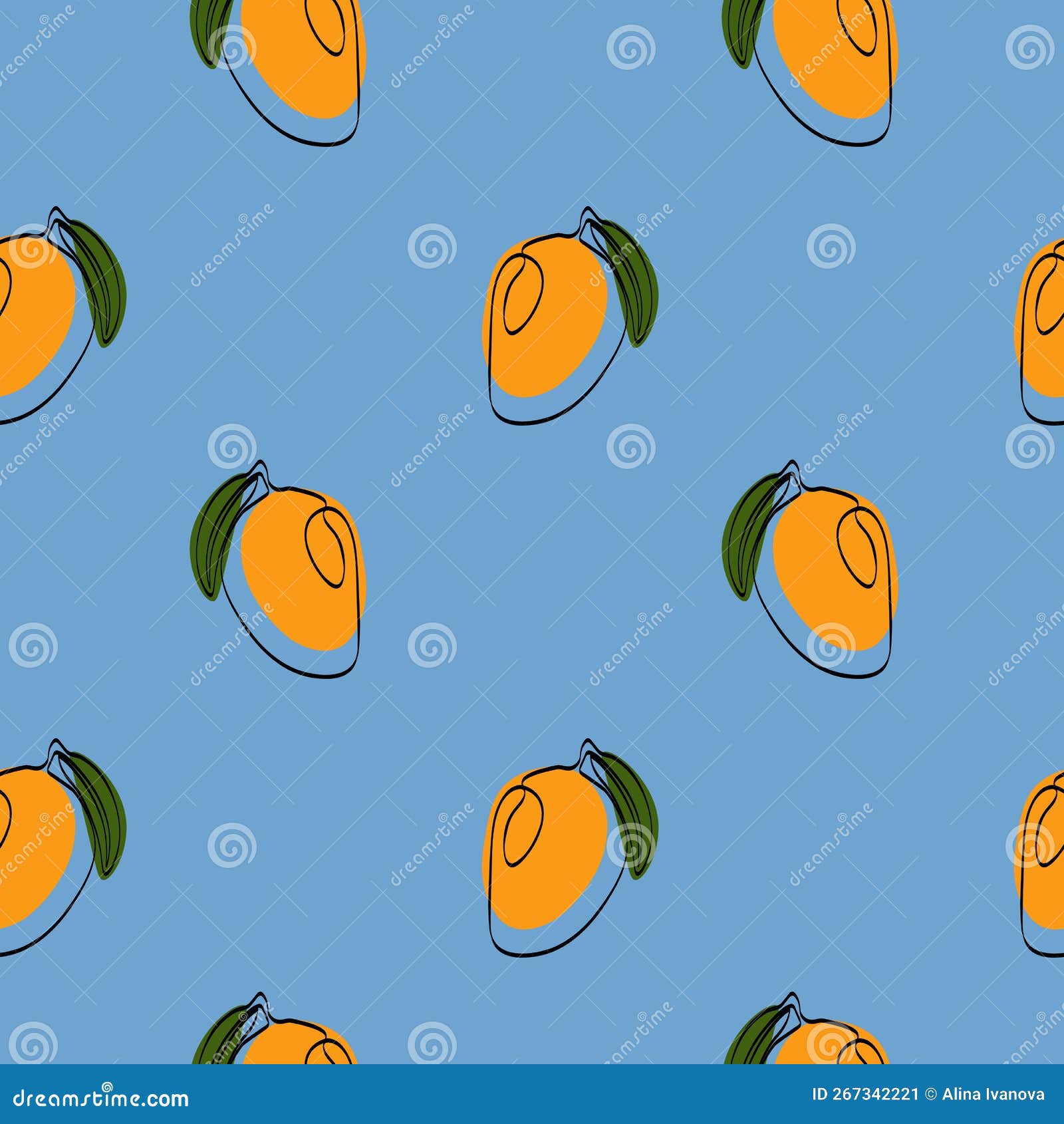Seamless Pattern With Mango On Blue Background Continuous One Line