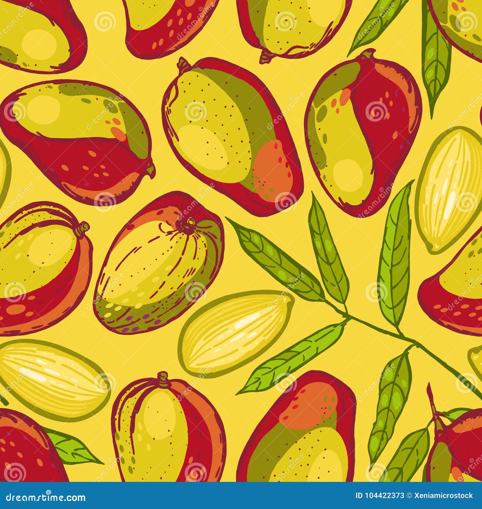 Seamless Pattern With Mango Collection Of Mangos Tropical Fruit Hand