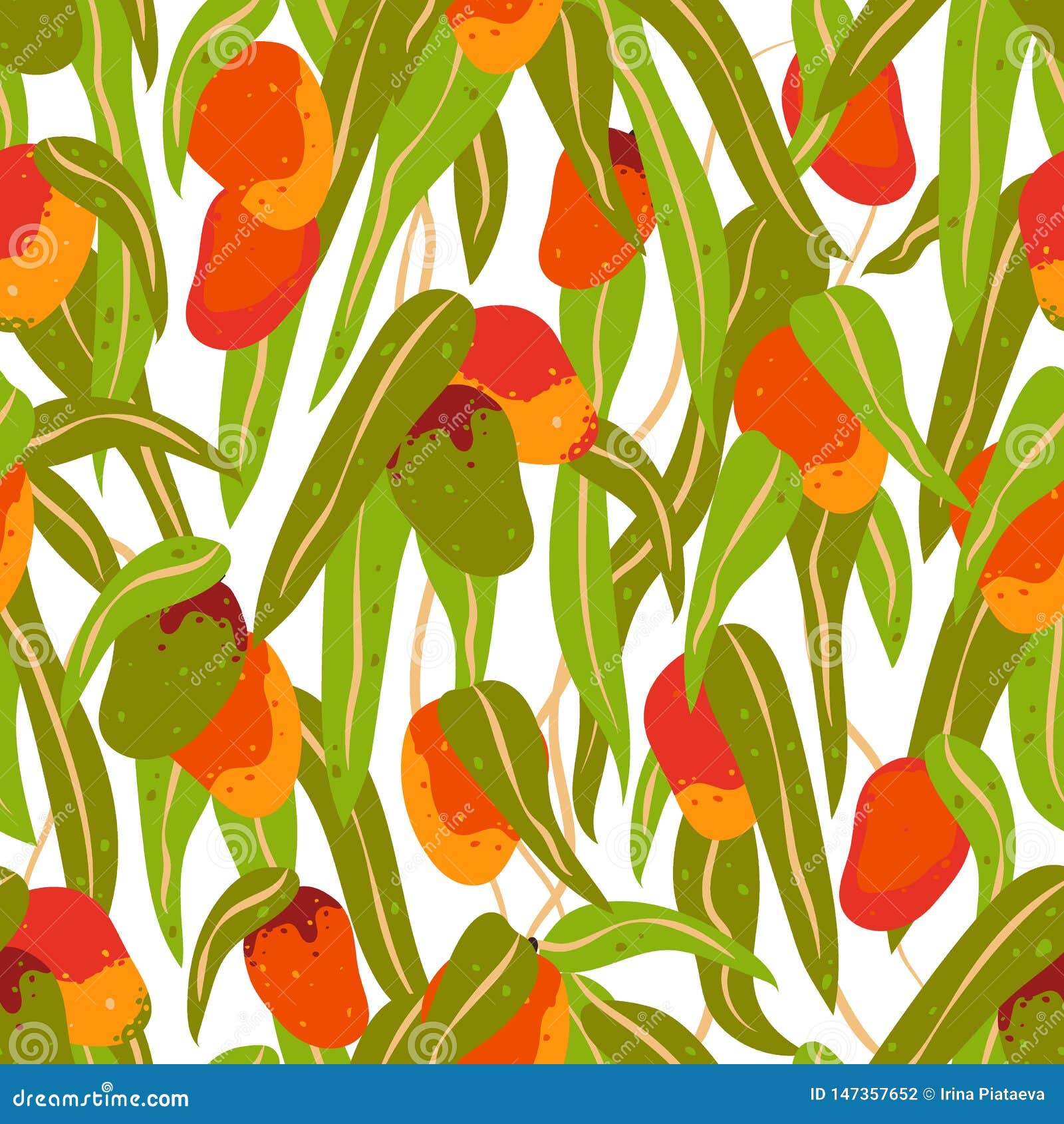 Seamless Pattern of Mango Fruits and Leaves Stock Vector - Illustration ...