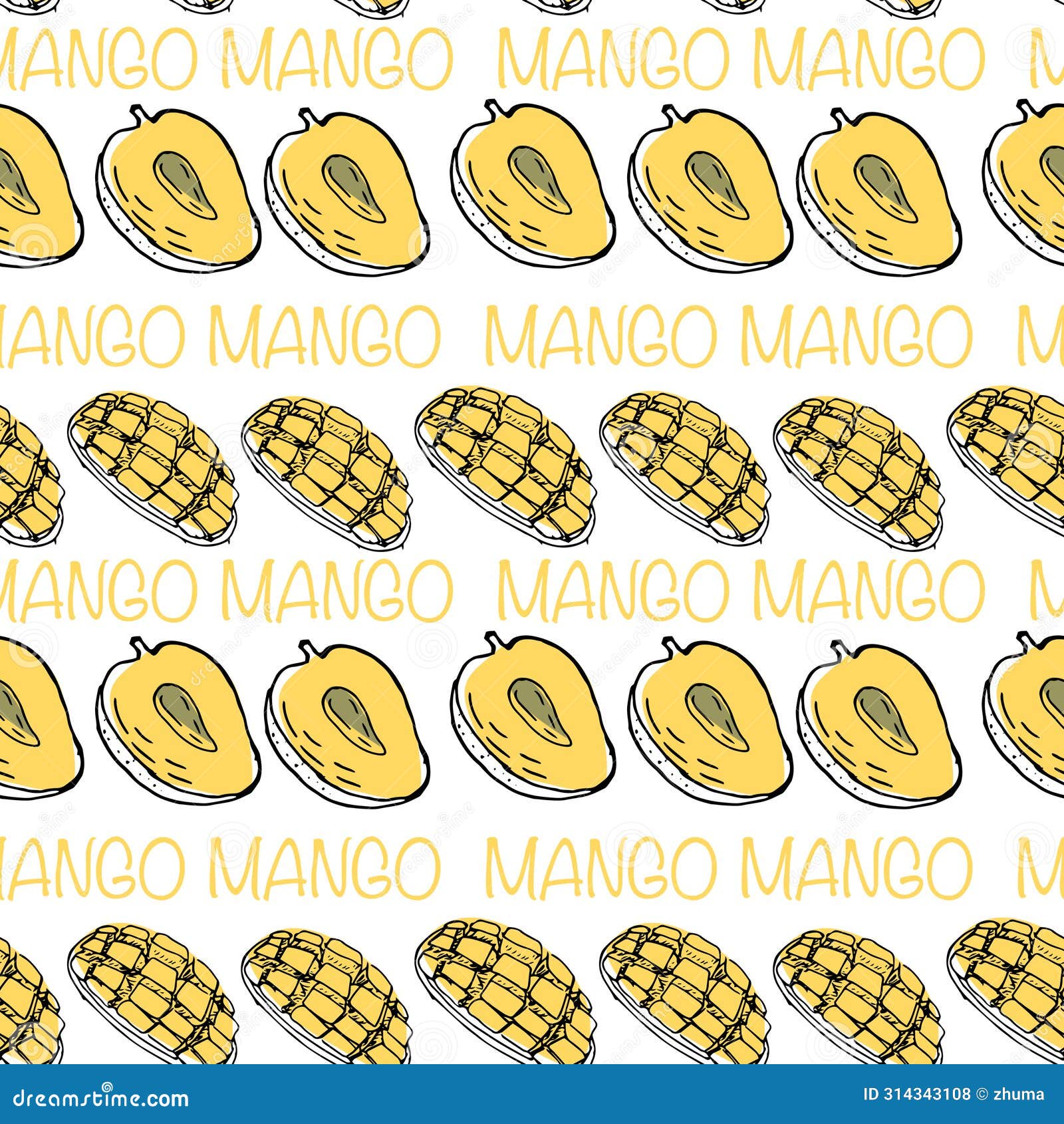Seamless Pattern with Mango, Sketch Art with Lettering Stock Vector ...