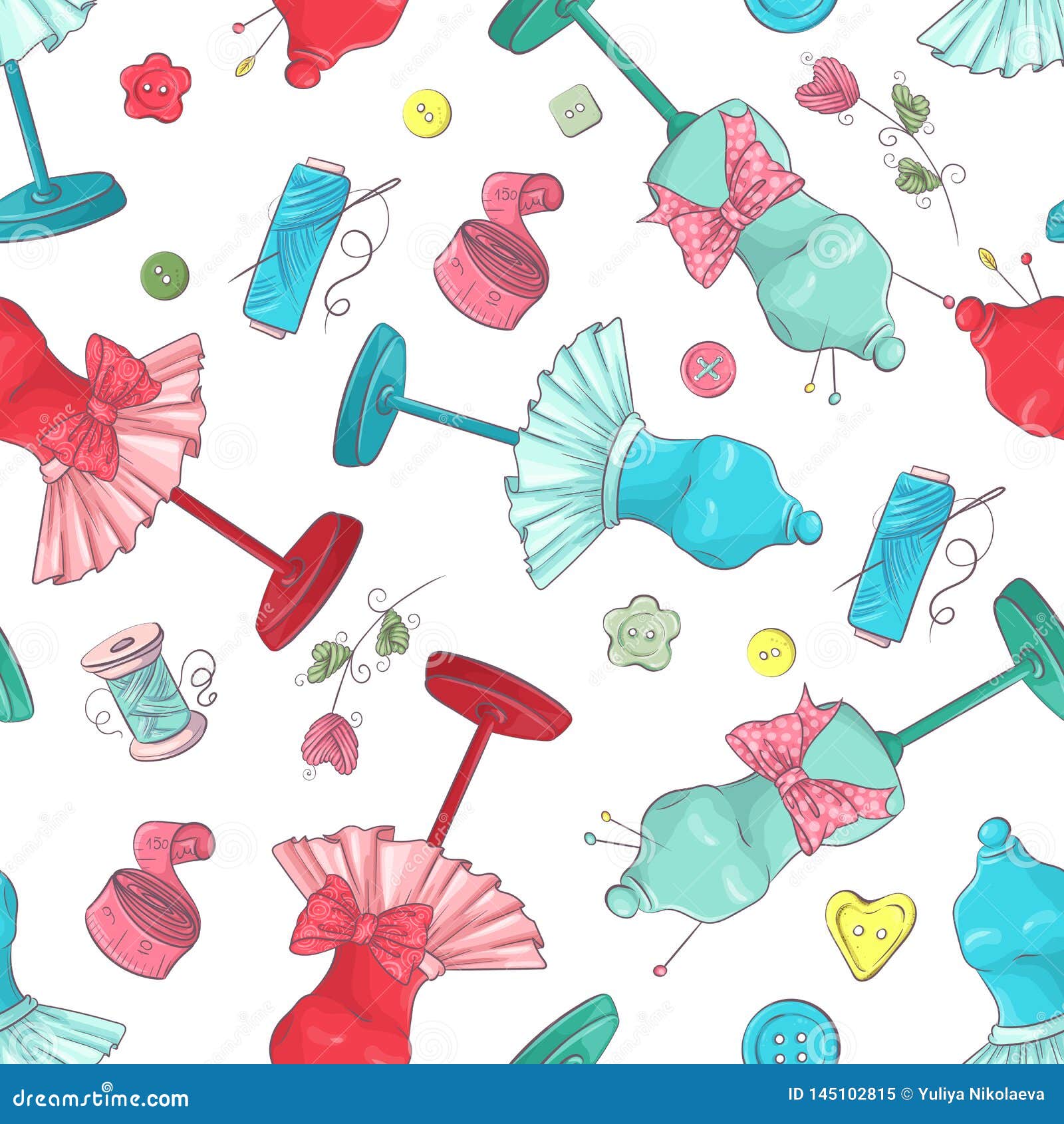 Seamless Pattern of Mannequin Sewing Accessories. Hand Drawing. Vector ...