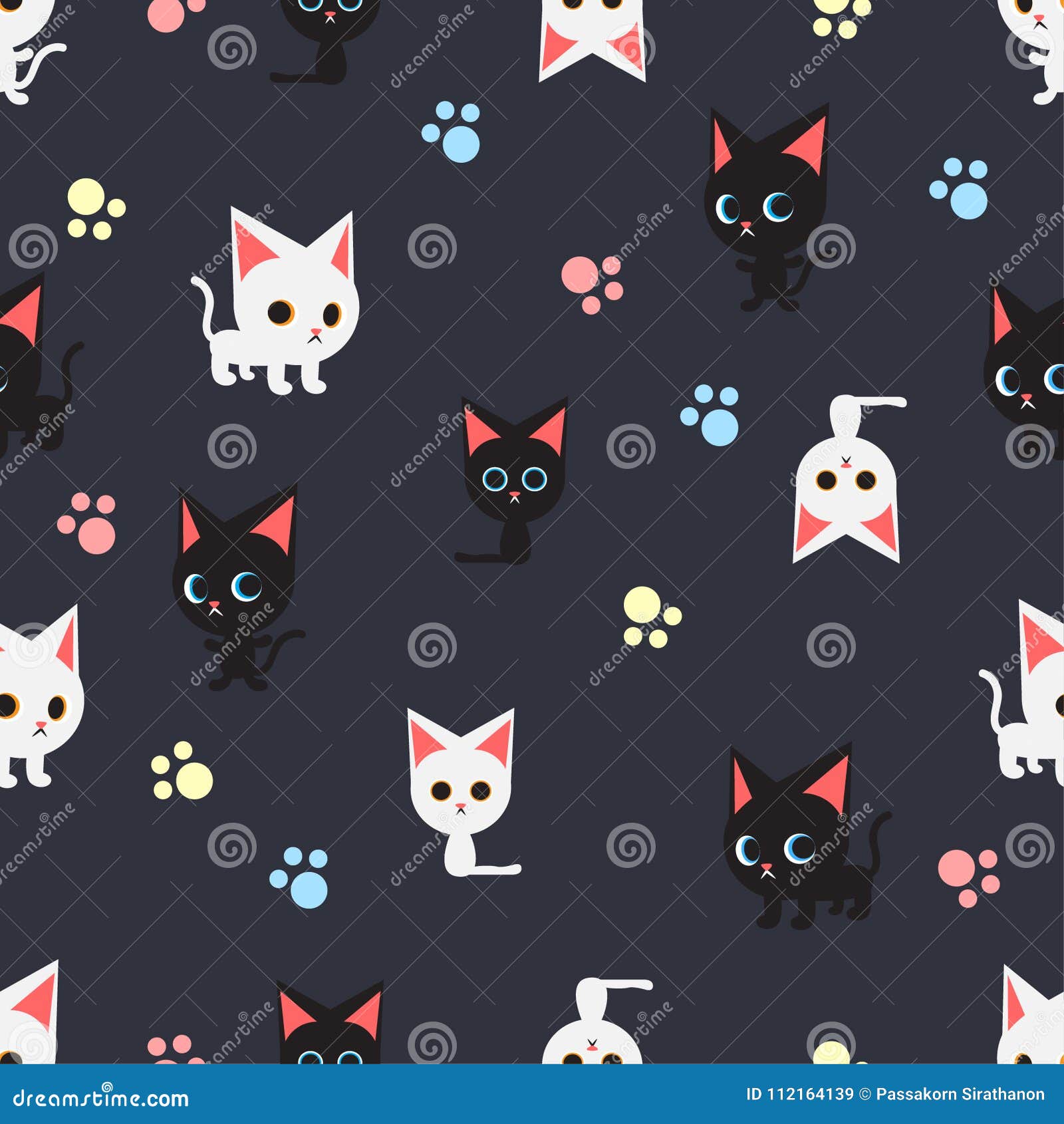 Seamless Pattern with Many Black Cat and White Cat on Dark Blue ...