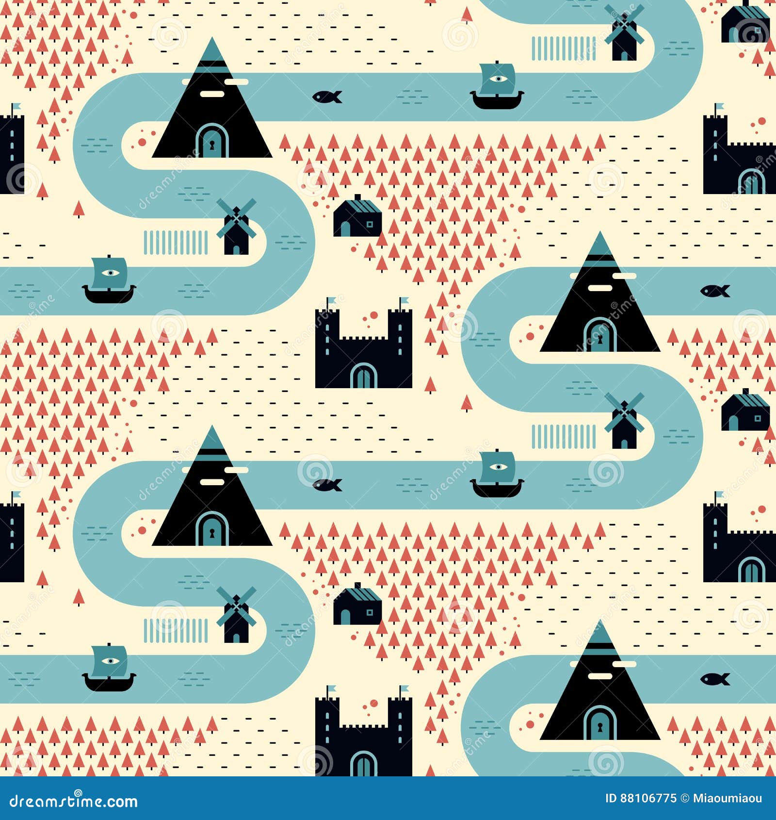 Seamless Pattern with Map of Ancient Fairy Kingdom Stock Vector ...