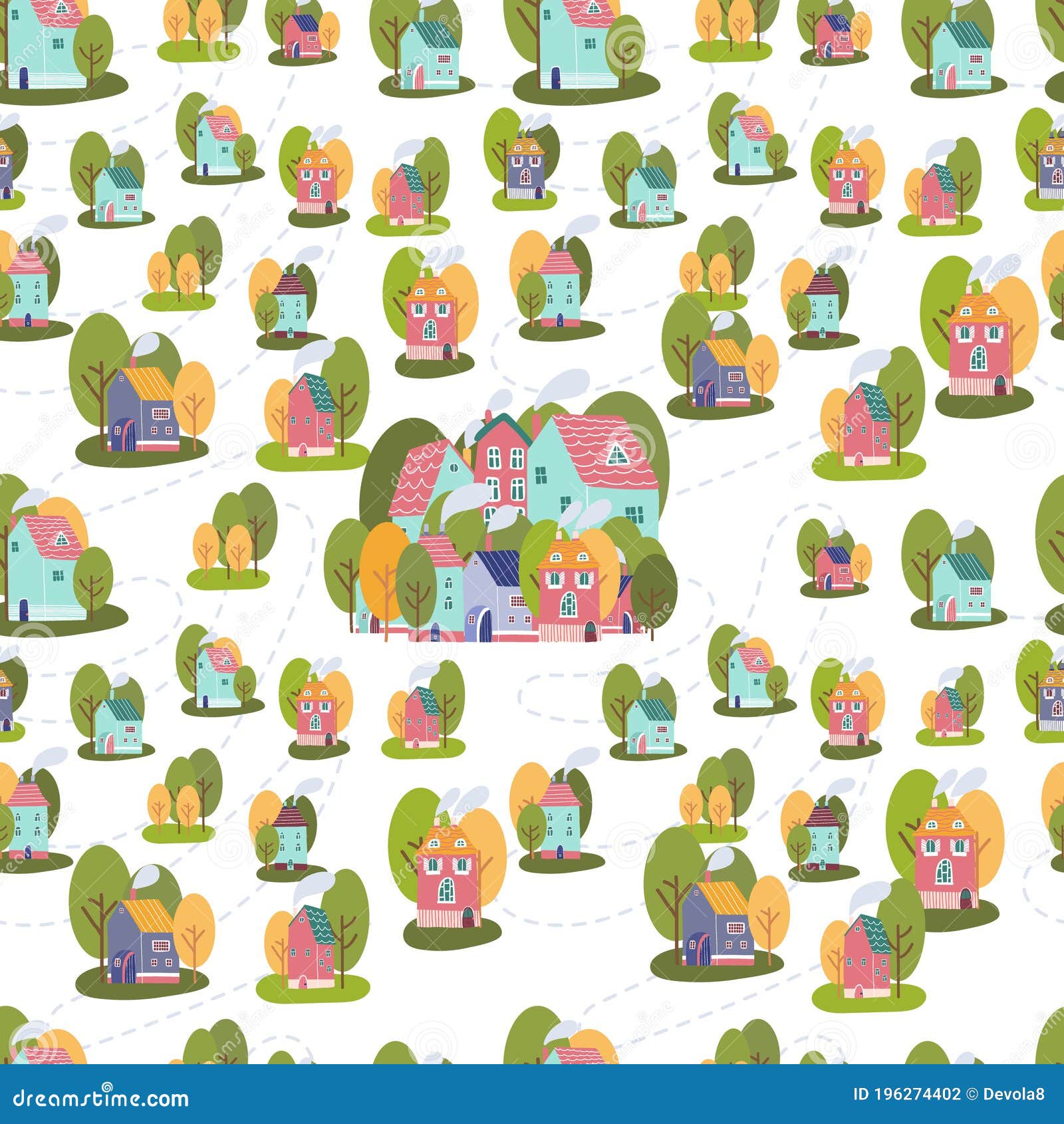 Seamless Pattern Map with Tiny Houses and Gardens Stock Vector ...