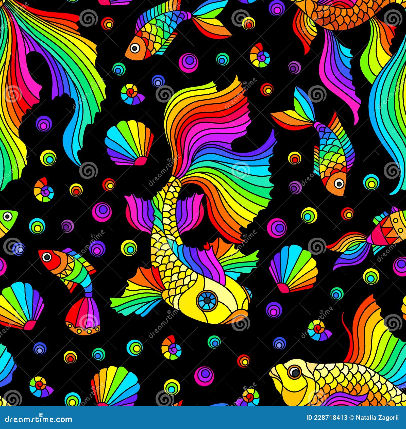 Seamless Illustration with Bright Rainbow Fish and Shells, Bright Fish ...