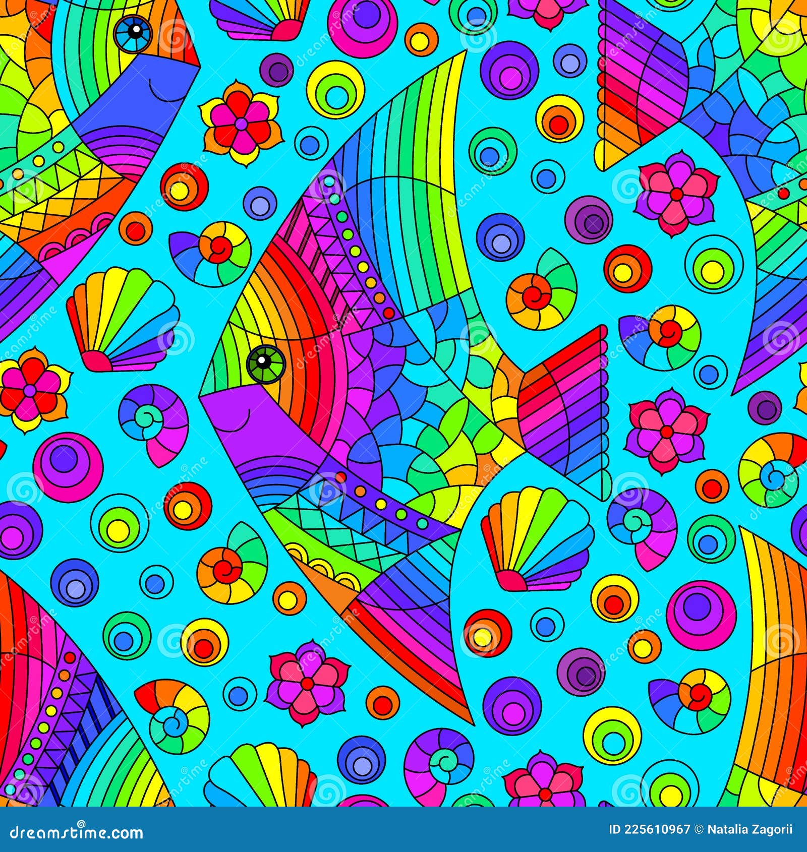 Seamless Illustration with Bright Rainbow Fish and Shells, Bright Fish ...