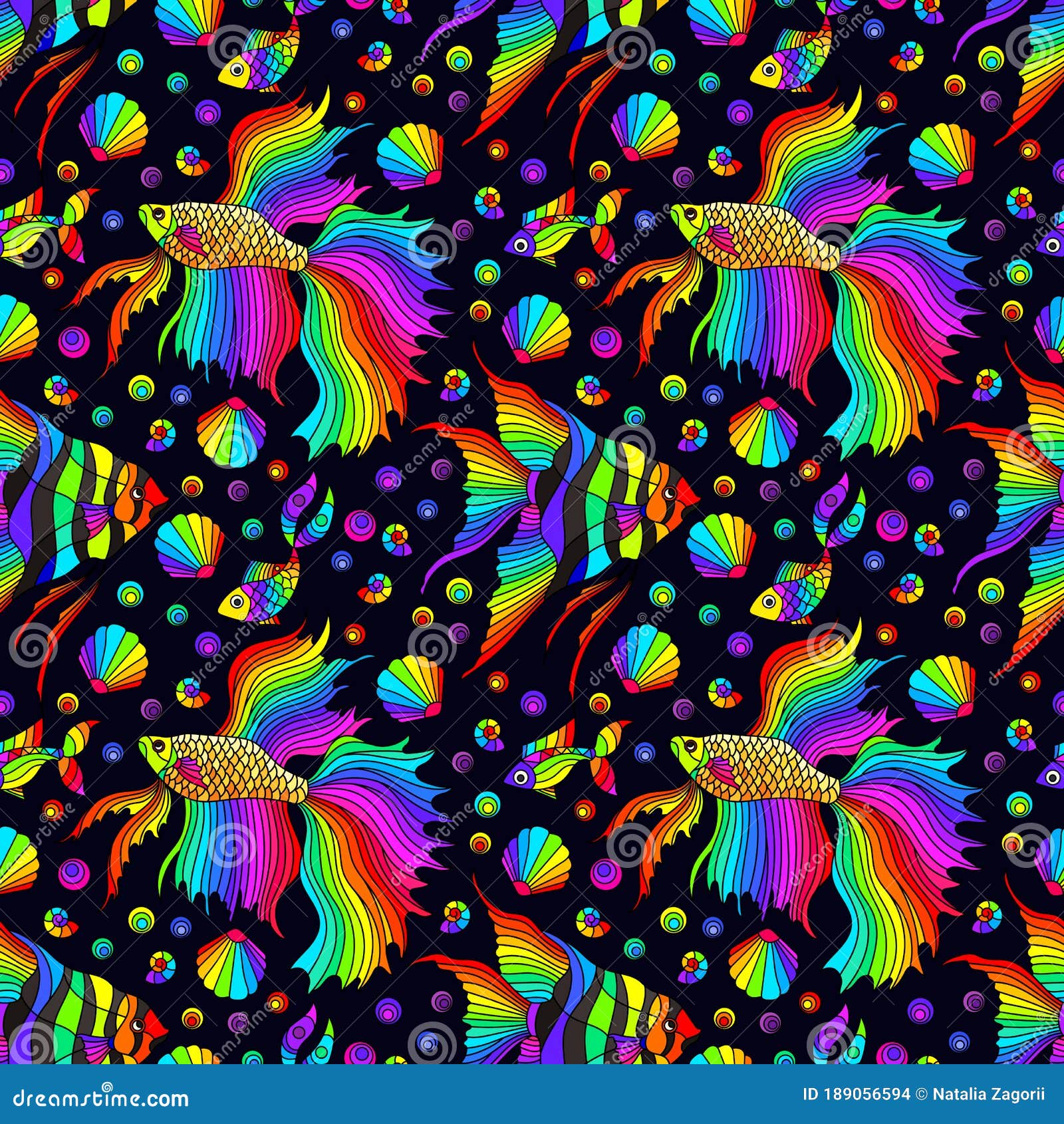Seamless Illustration with Bright Rainbow Fish and Shells, Bright Fish ...