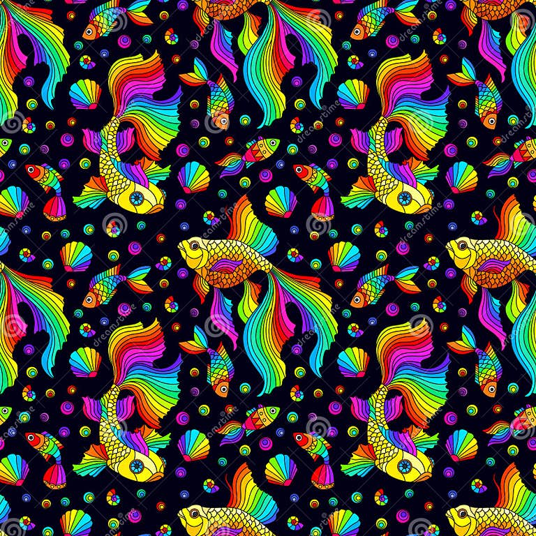 Seamless Illustration with Bright Rainbow Fish and Shells, Bright Fish ...