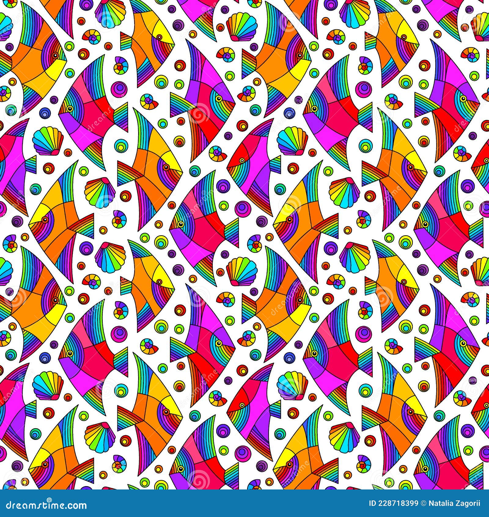 Seamless Illustration with Bright Rainbow Fish and Shells, Bright Fish ...