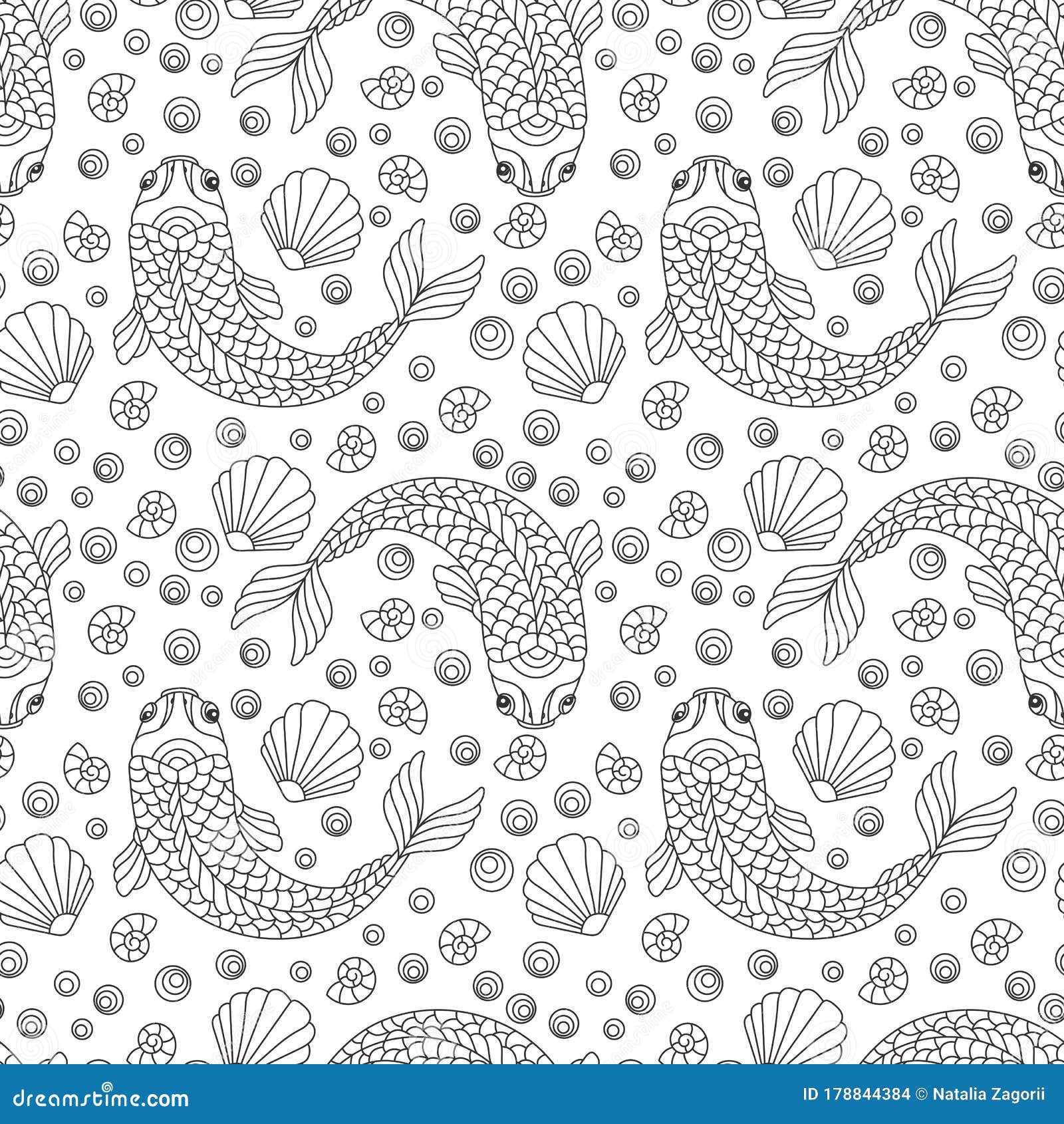 Seamless Illustration with Fish and Shells, Dark Contour Fishes on a ...