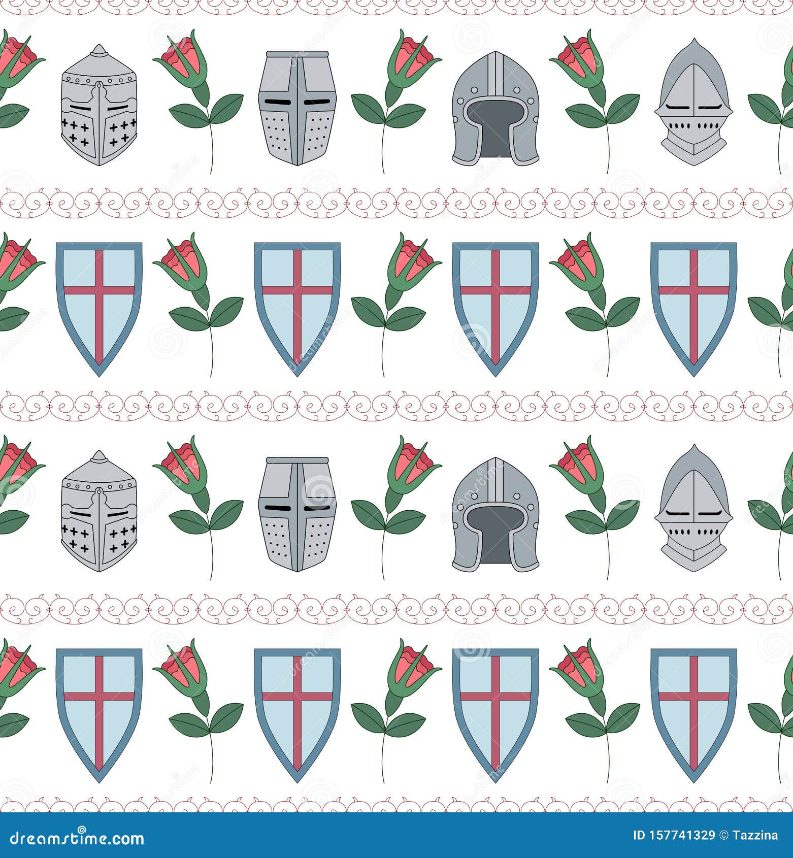 Seamless Pattern With Medieval Helmets, Shields And Roses Cartoon ...