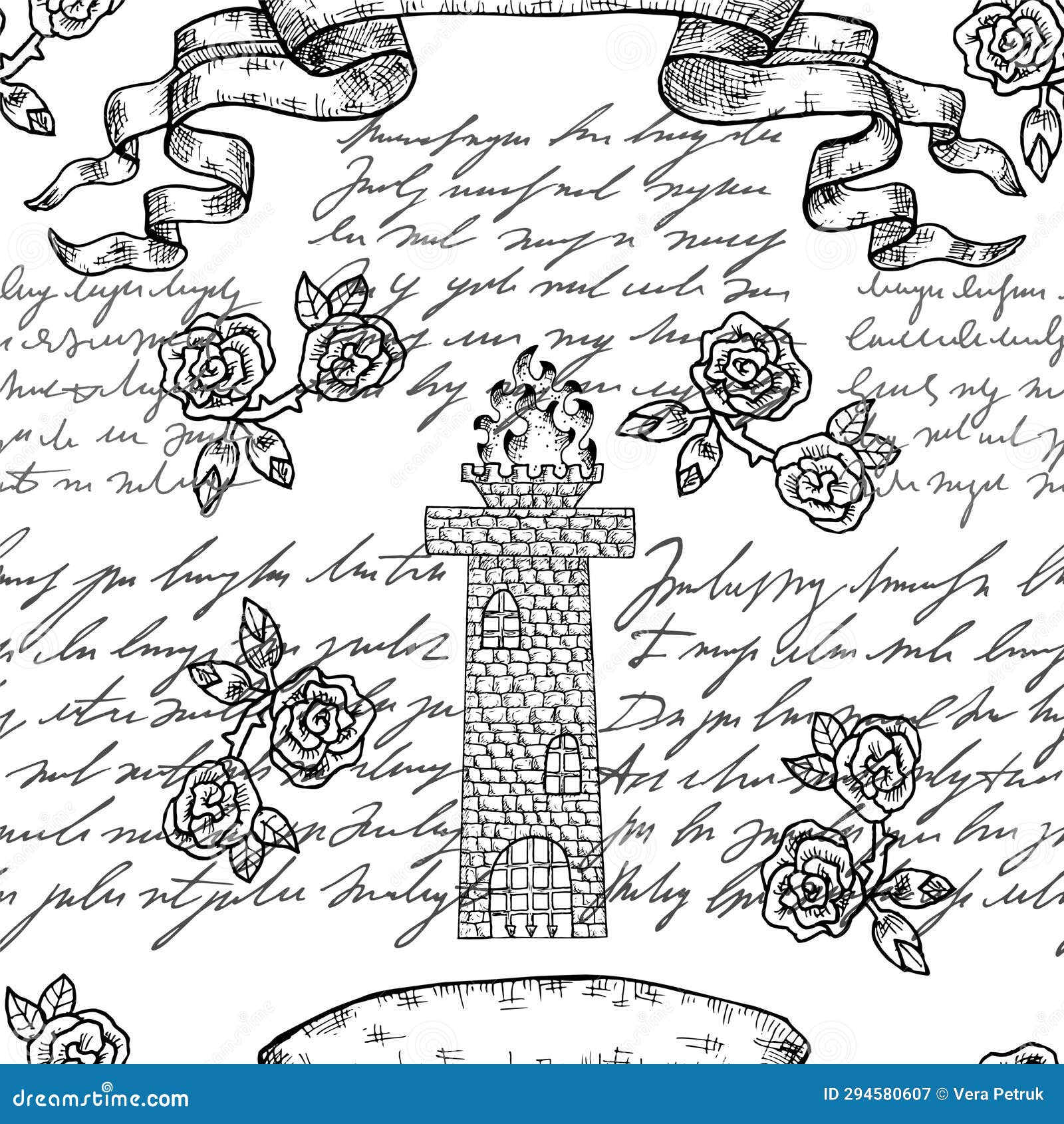Seamless Pattern with Medieval Tower, Banner and Handwritten Text on ...