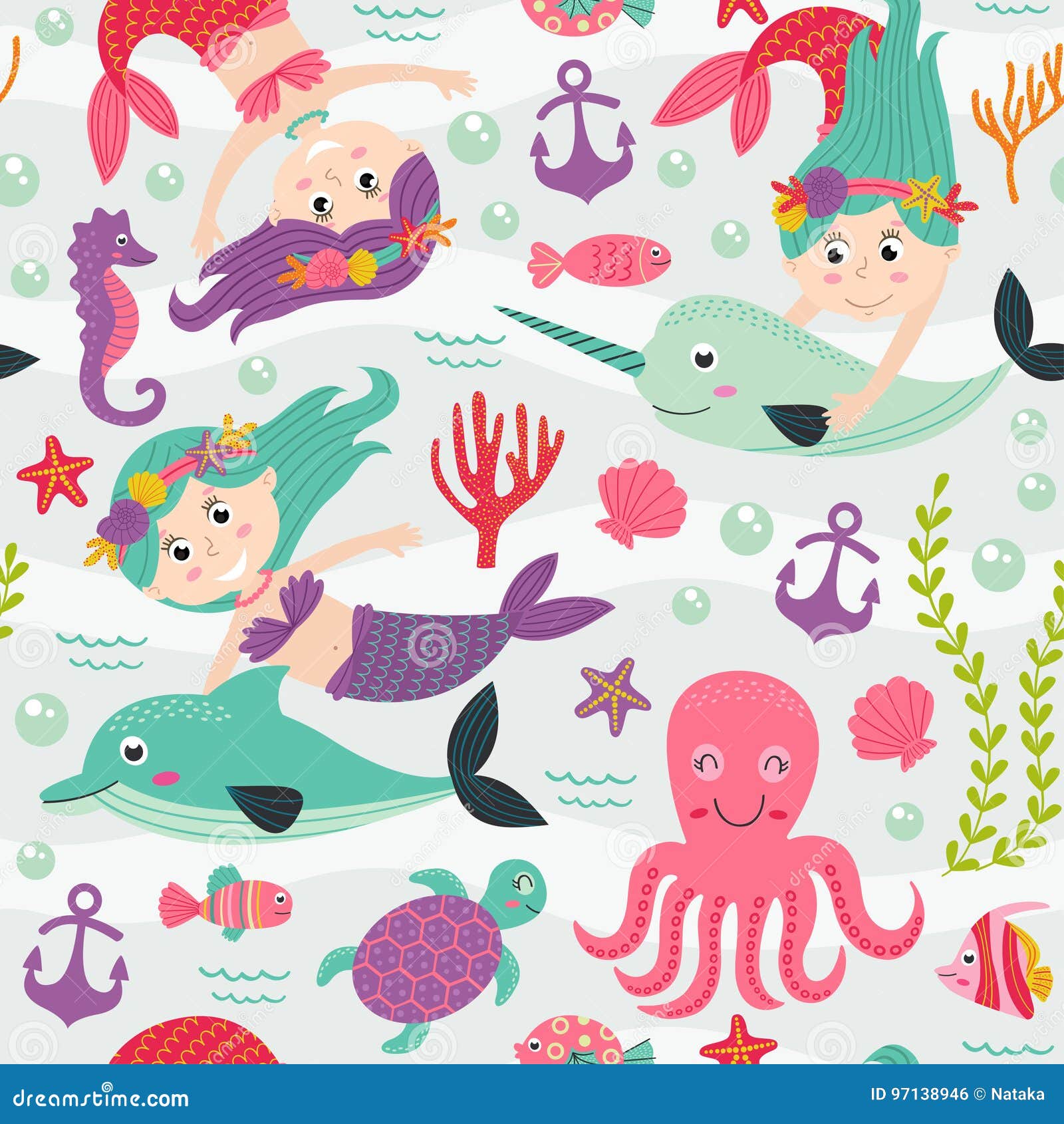 Mermaid, Sea Animals And Seaweed. Cartoon Vector Illustration ...